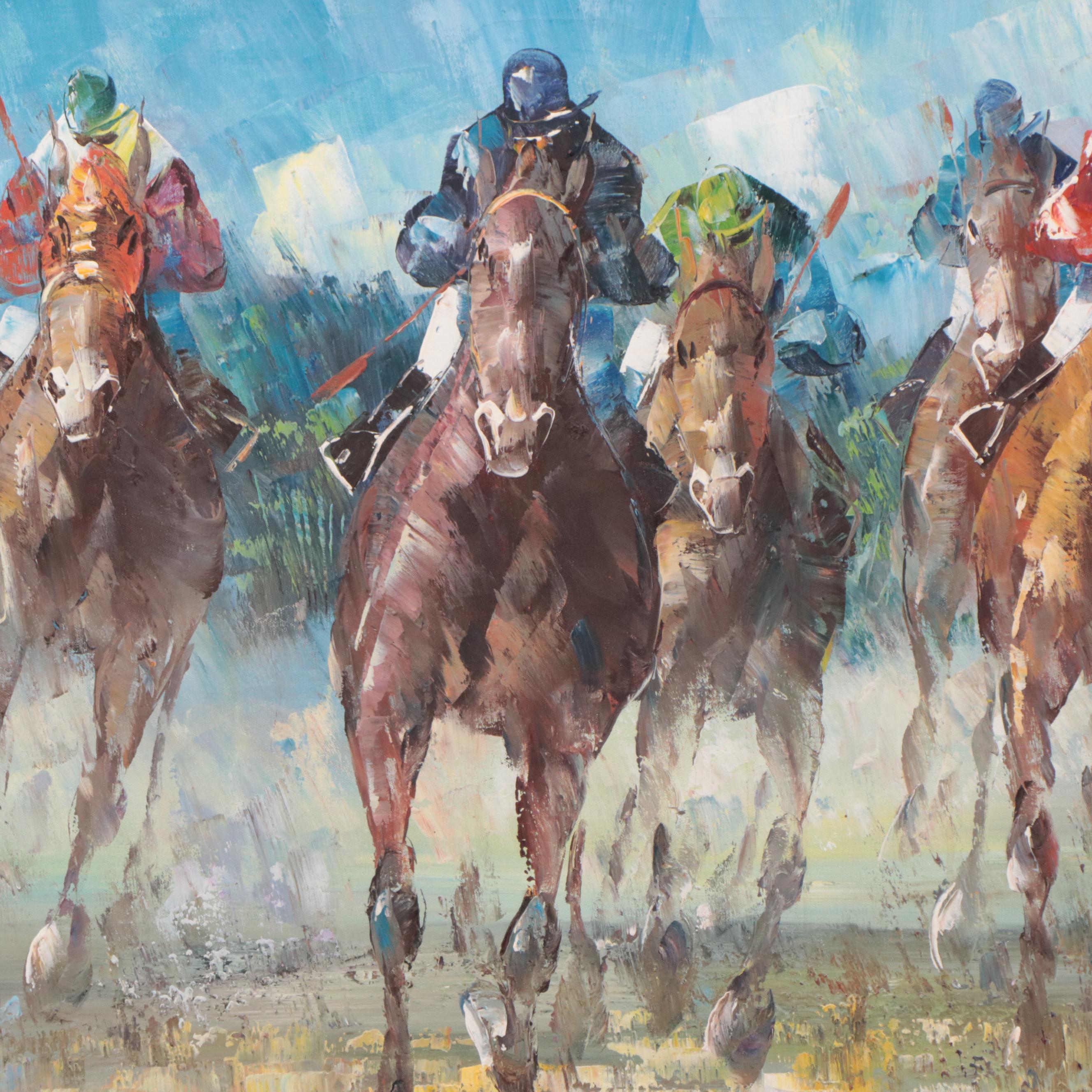 Impressionistic Style Oil Painting of Horse Racing, Late 20th Century ...