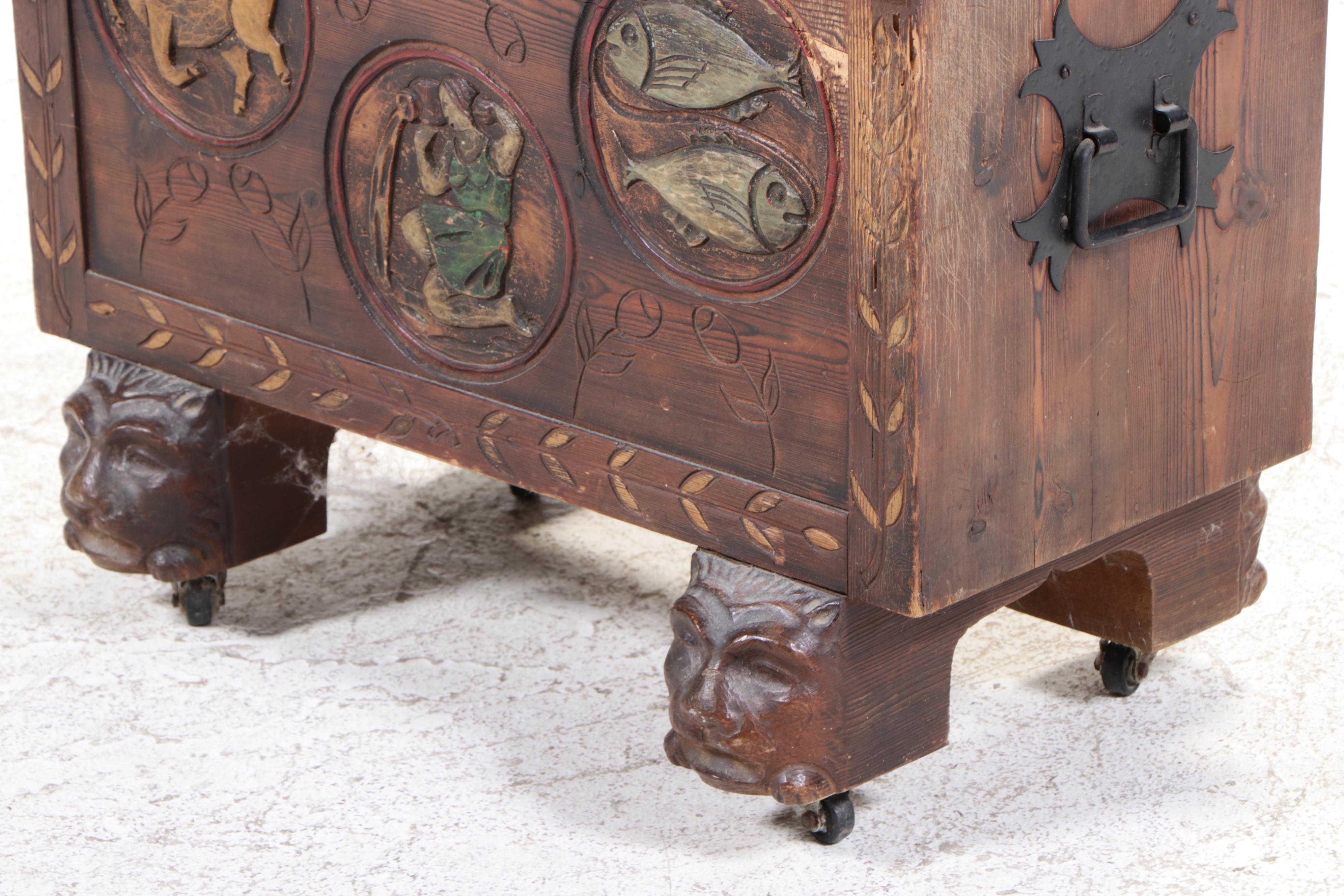 Folk Art Zodiac-Carved and Polychromed Gable Top Box on Casters | EBTH