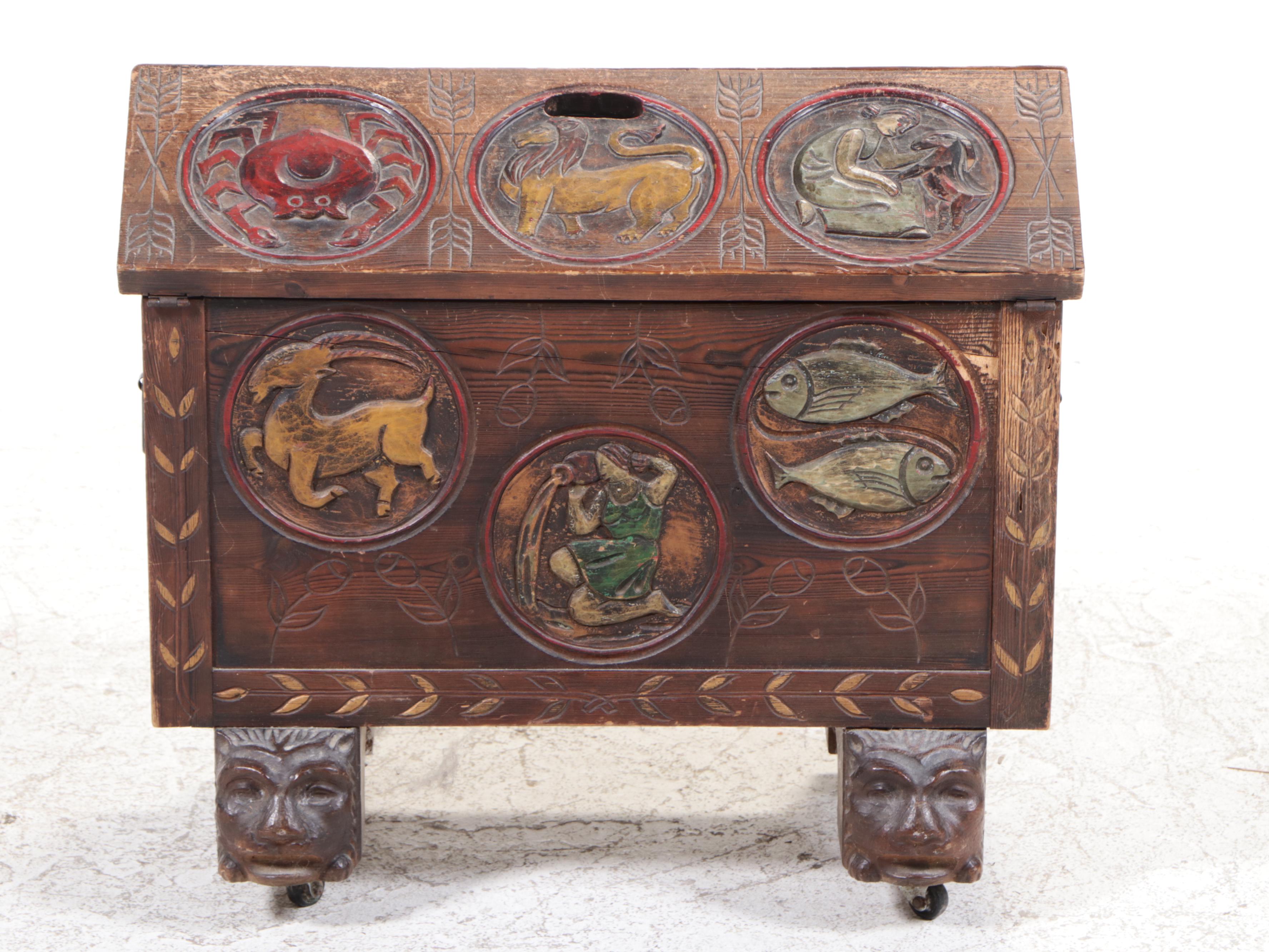 Folk Art Zodiac-Carved and Polychromed Gable Top Box on Casters | EBTH