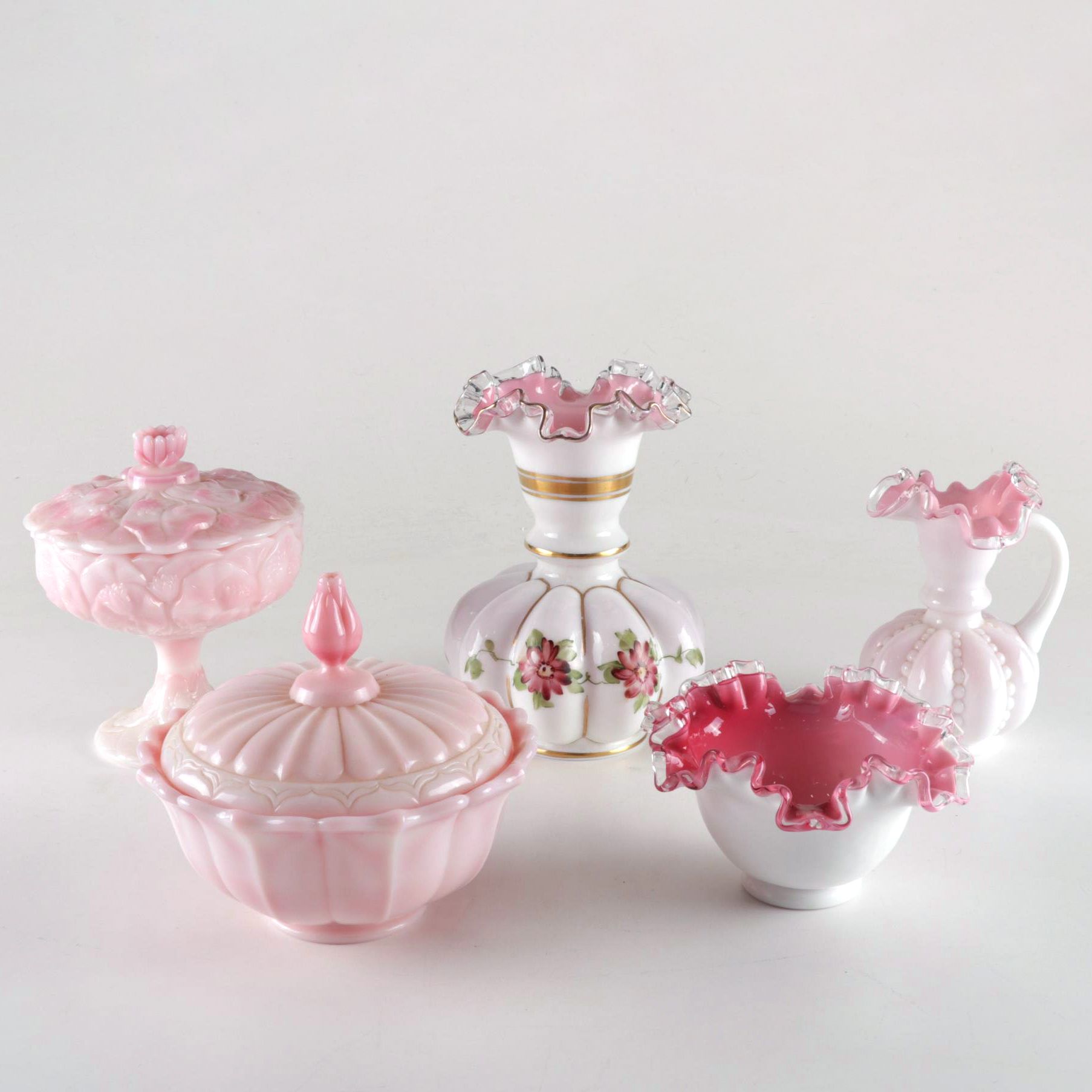 Fenton Pink Milk Glass Silver Crest Ruffled Pitcher and Bowl, Candy ...