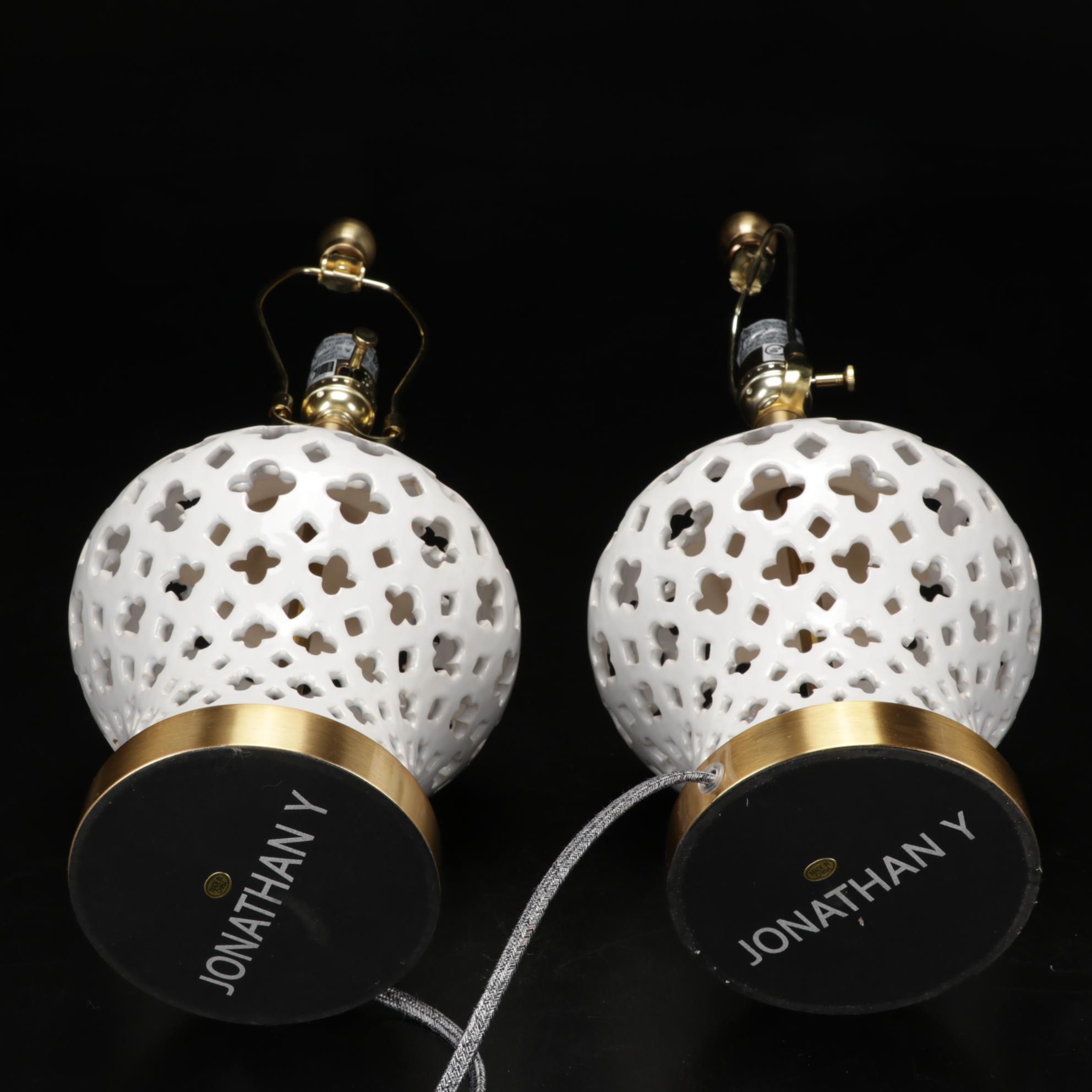 Pair of Jonathan Y Ceramic "Quatrefoil Fretwork" Table Lamp | EBTH