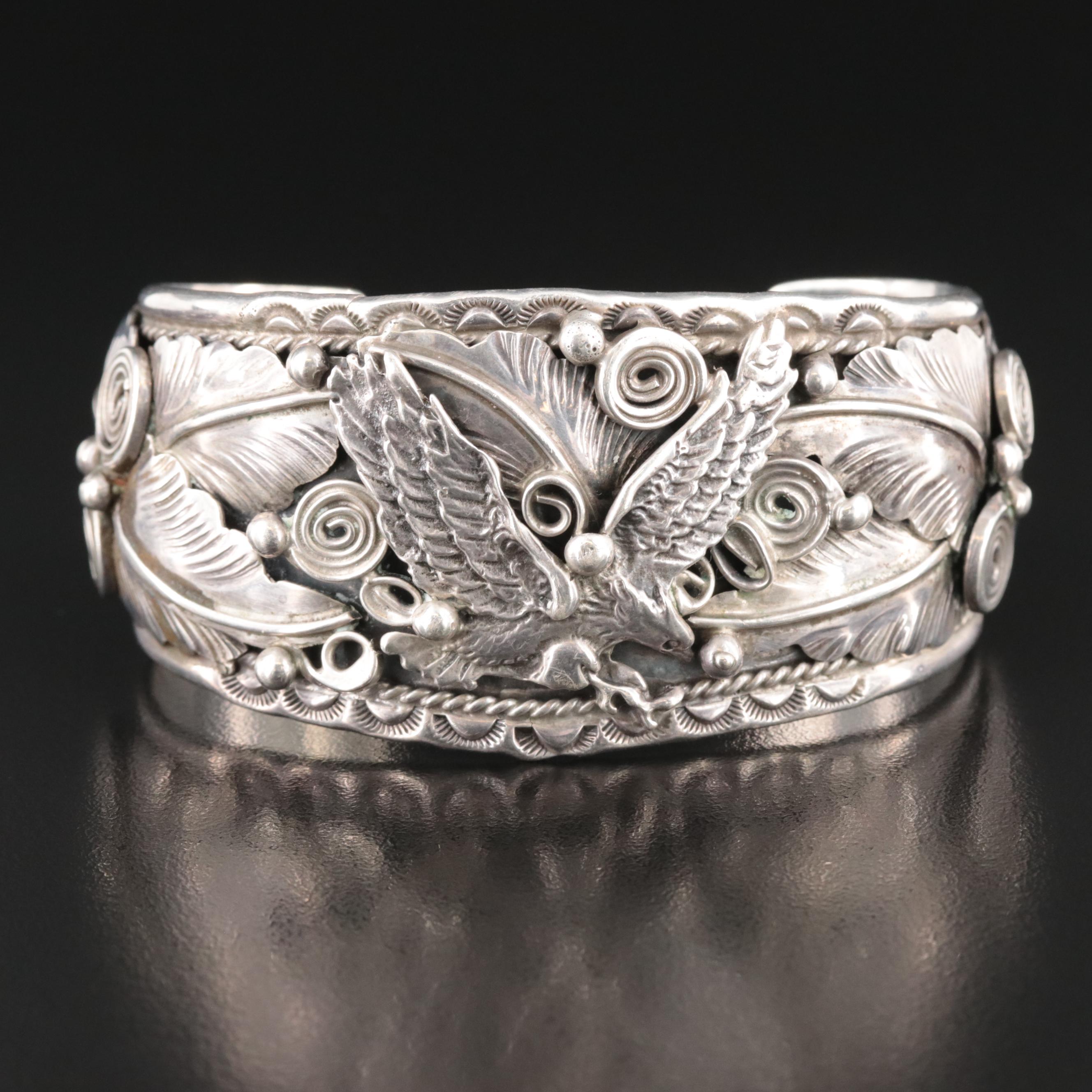 Allen Chee Navajo Diné for Running Bear Shop Sterling Appliqué Cuff | EBTH