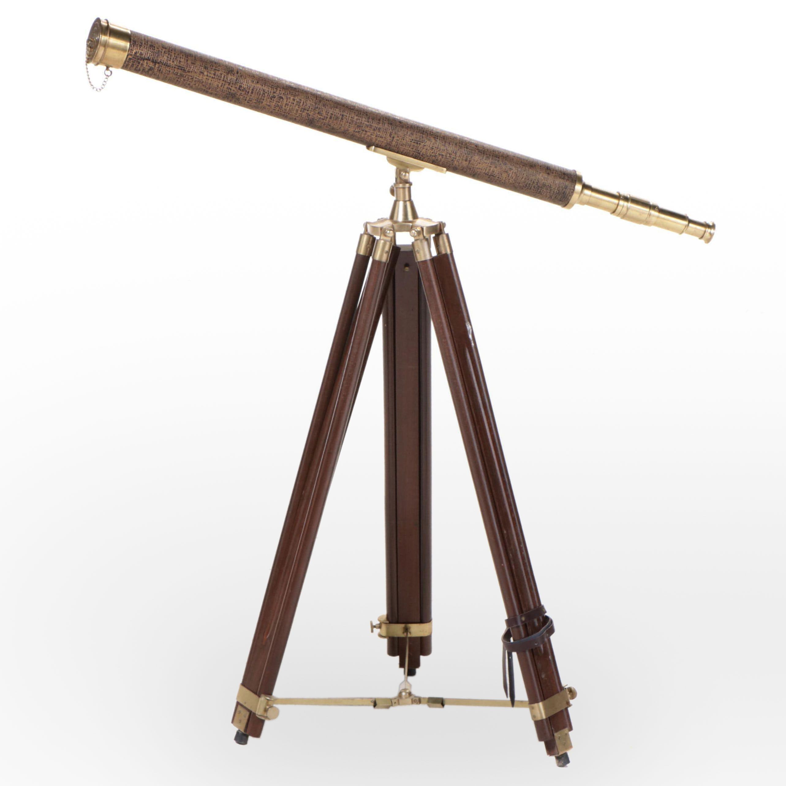 Brass-Mounted Hardwood and Patinated Metal Telescope on Adjustable ...