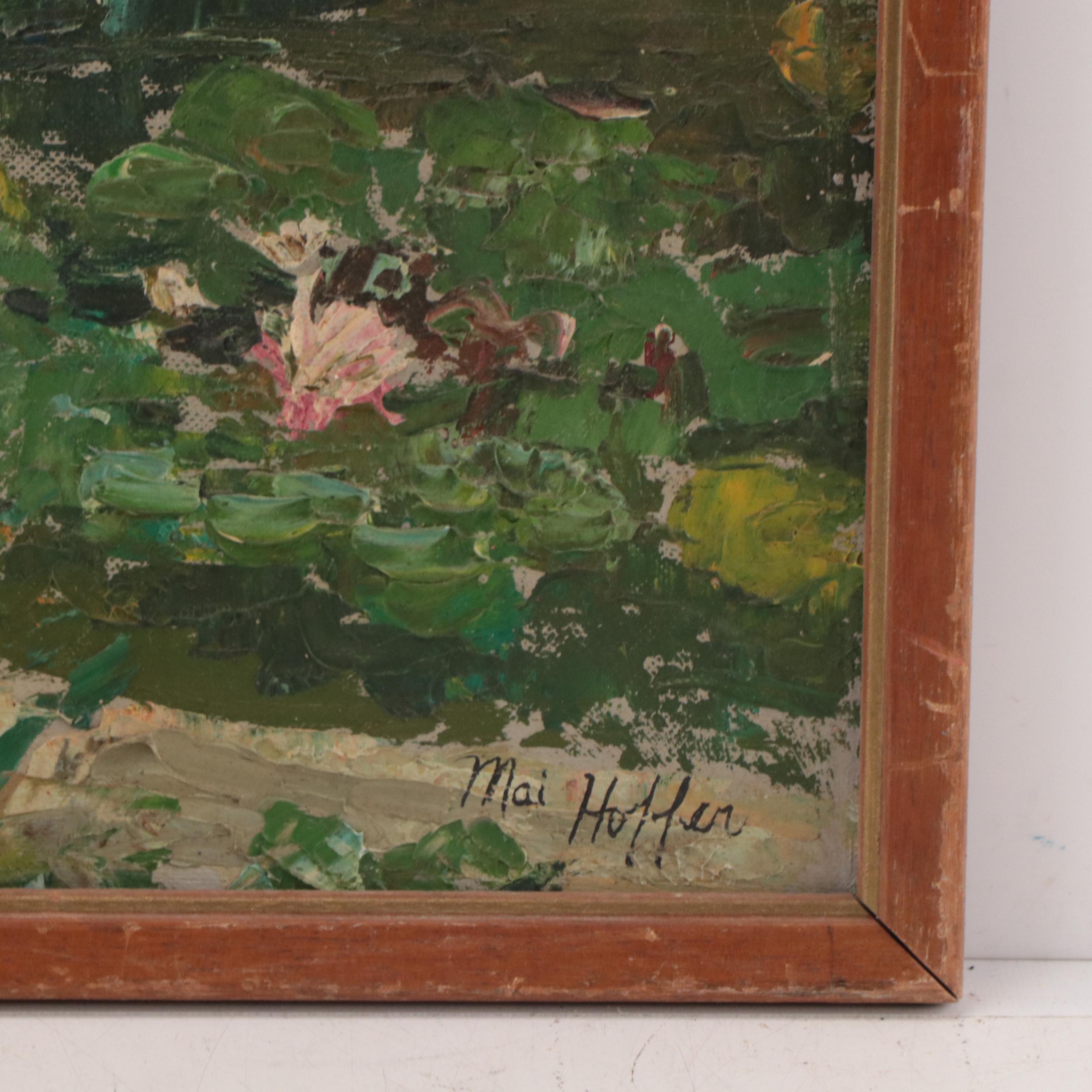 Mai Hoffer Oil Painting of Pond Landscape, Late 20th Century | EBTH