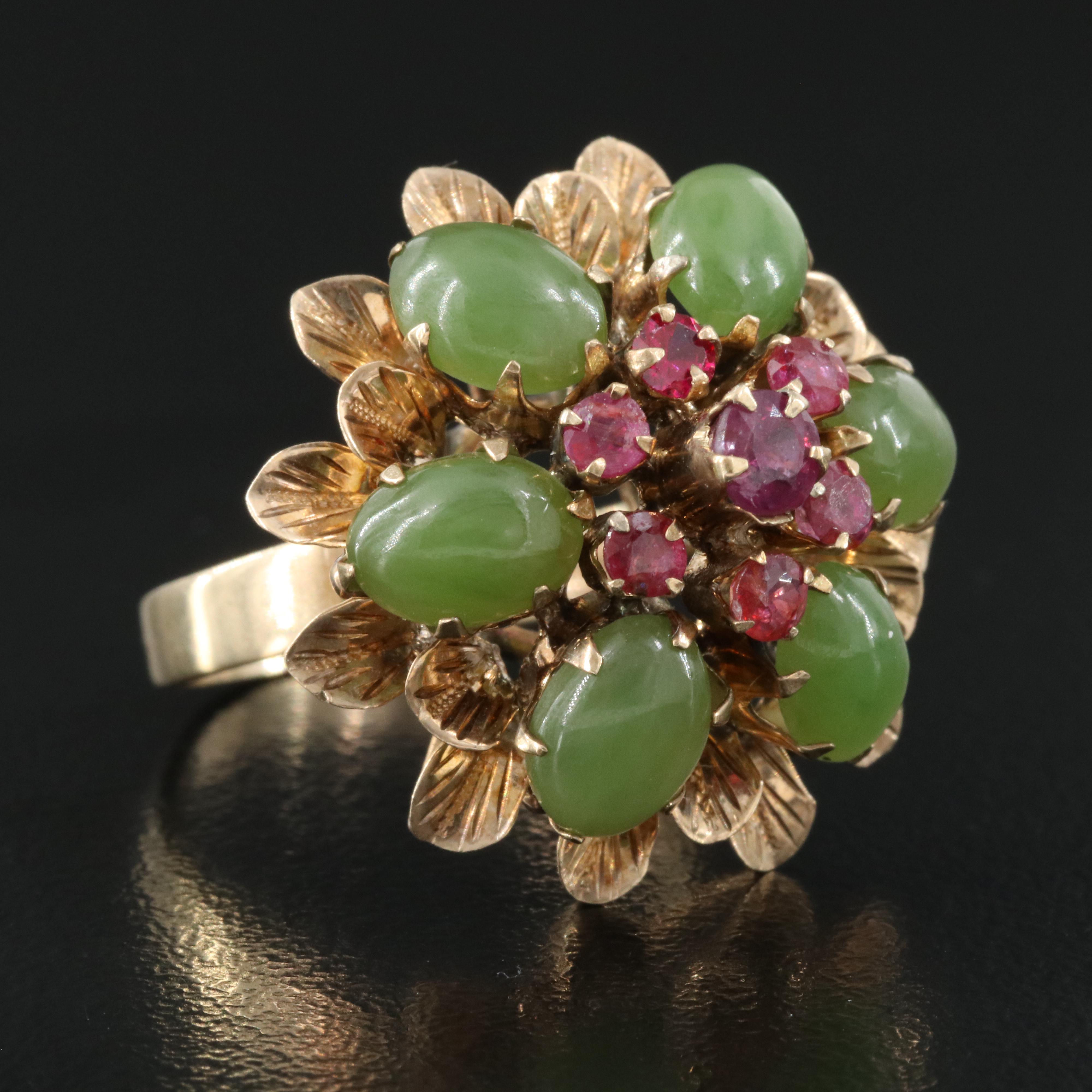 10K Ruby and Nephrite Floral Ring | EBTH