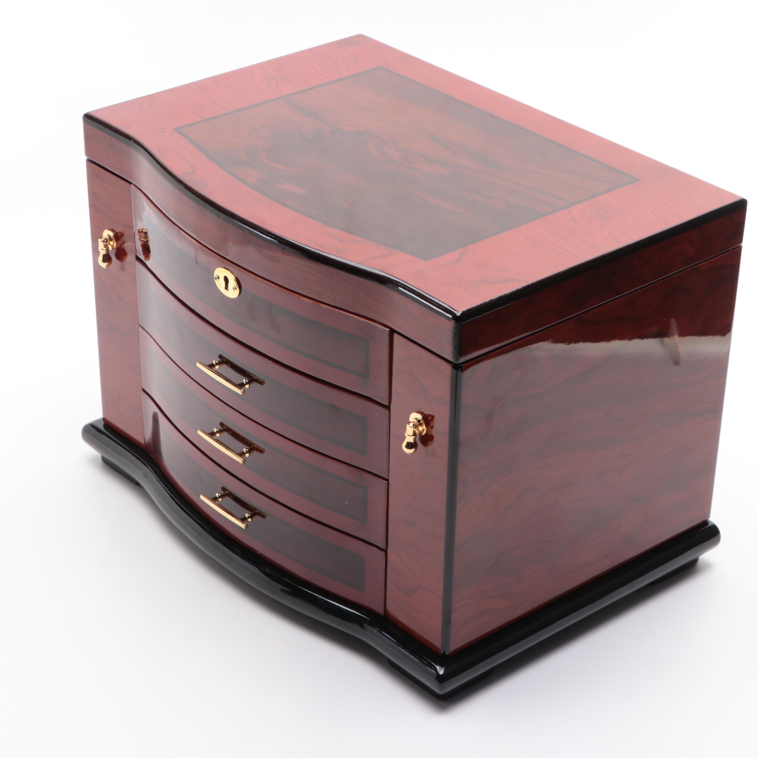 Jere High Gloss Finish Burl Wood Jewelry Box with Three Drawers | EBTH