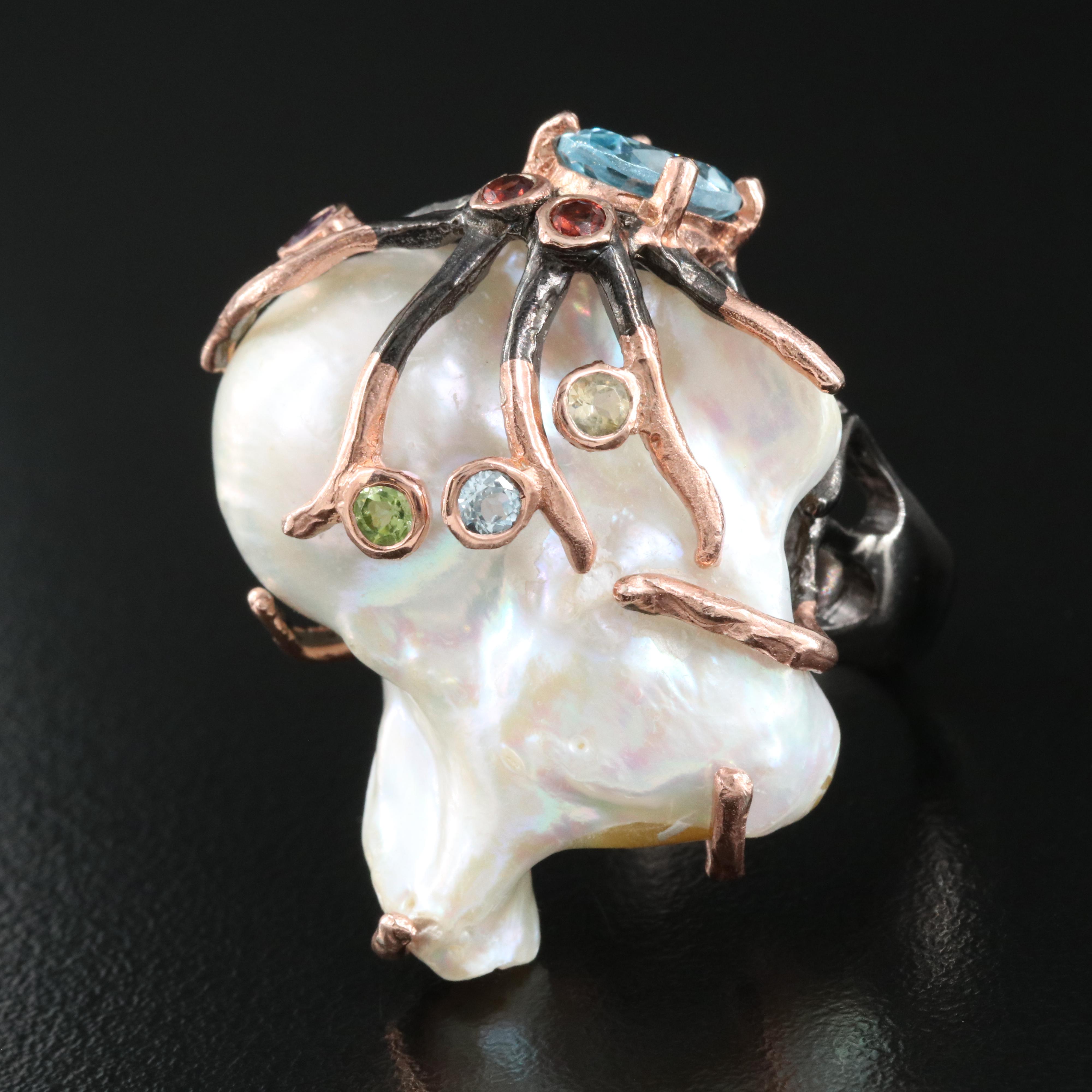 Sterling Pearl, Topaz, Rhodolite Garnet and Gemstone Octopus Ring | EBTH