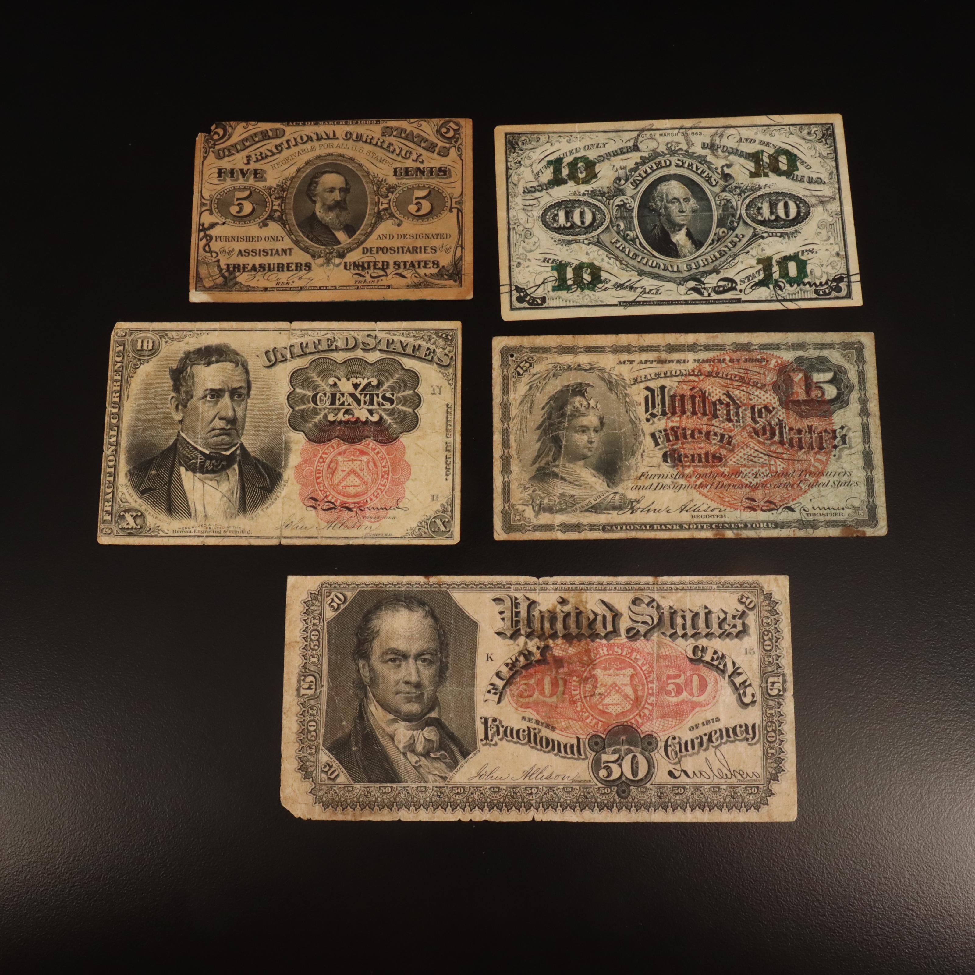 Group of Five Fractional Currency Notes Including an 1863 Fifty Cents ...