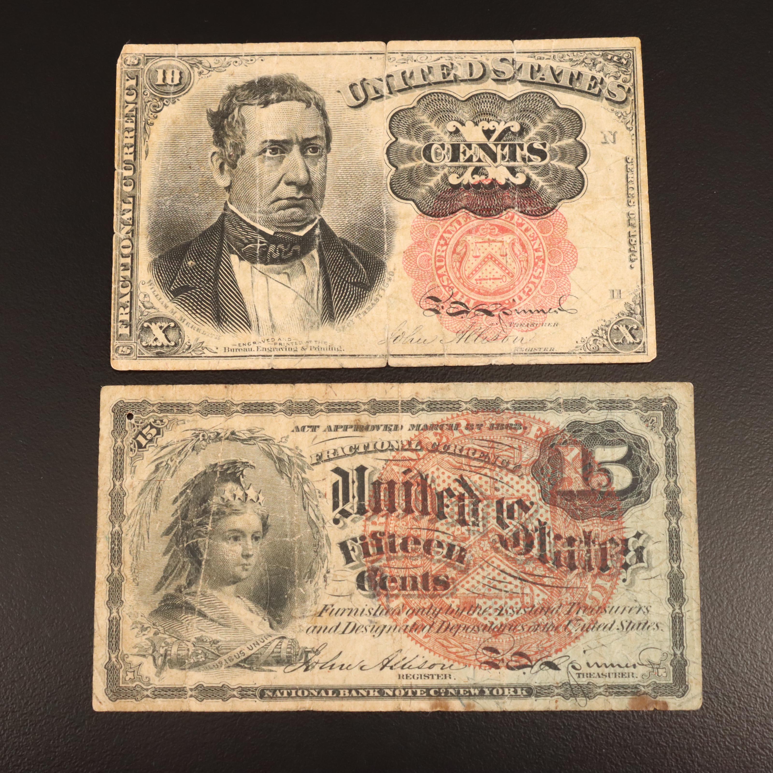 Group of Five Fractional Currency Notes Including an 1863 Fifty Cents ...