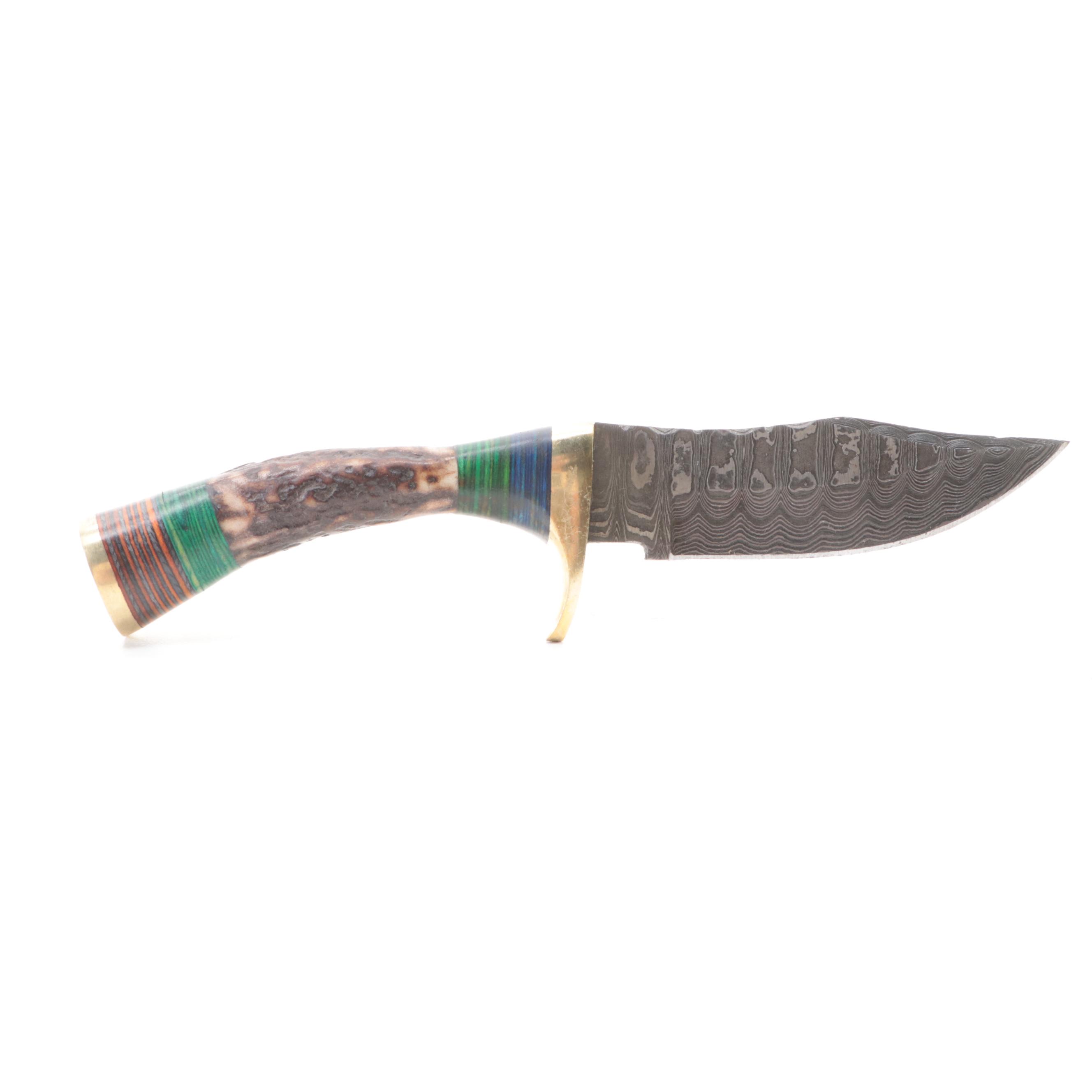 Damascus Steel and Antler Handled Fixed Blade Knives with Leather ...