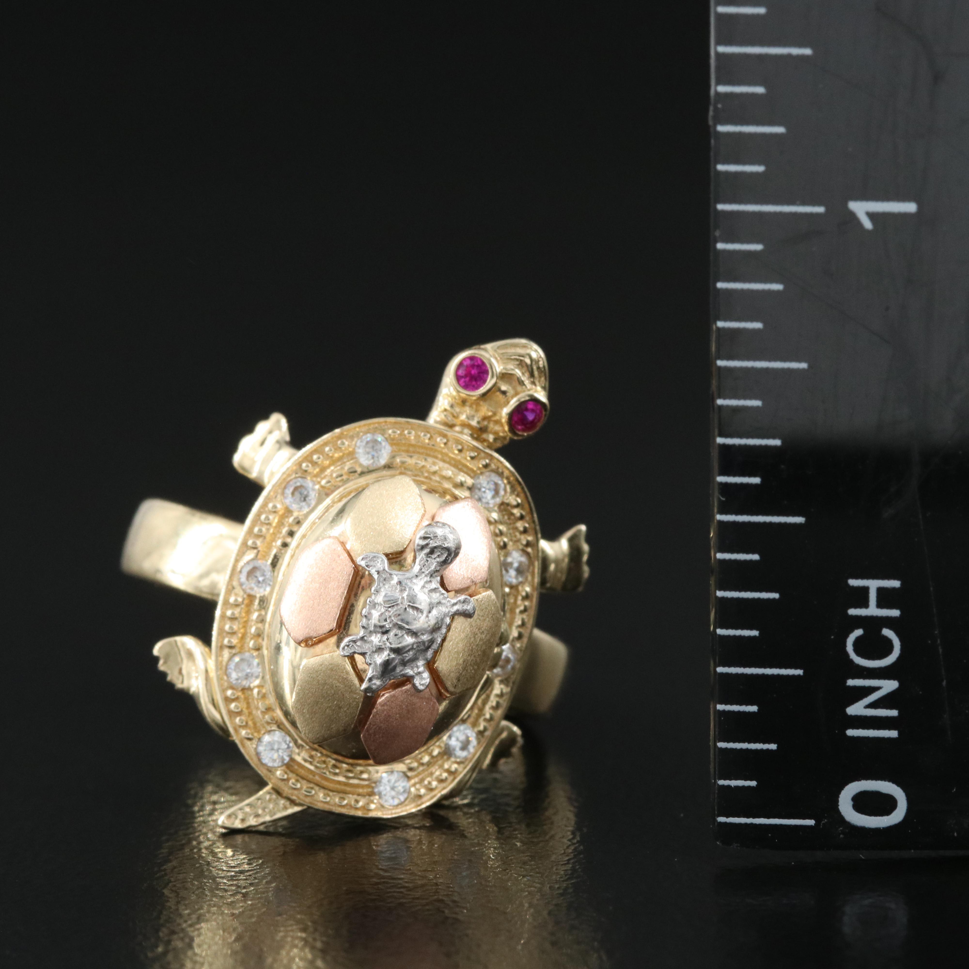 14K Tri-Color Gold Ruby and Cubic Zirconia Articulated Turtle Ring | EBTH