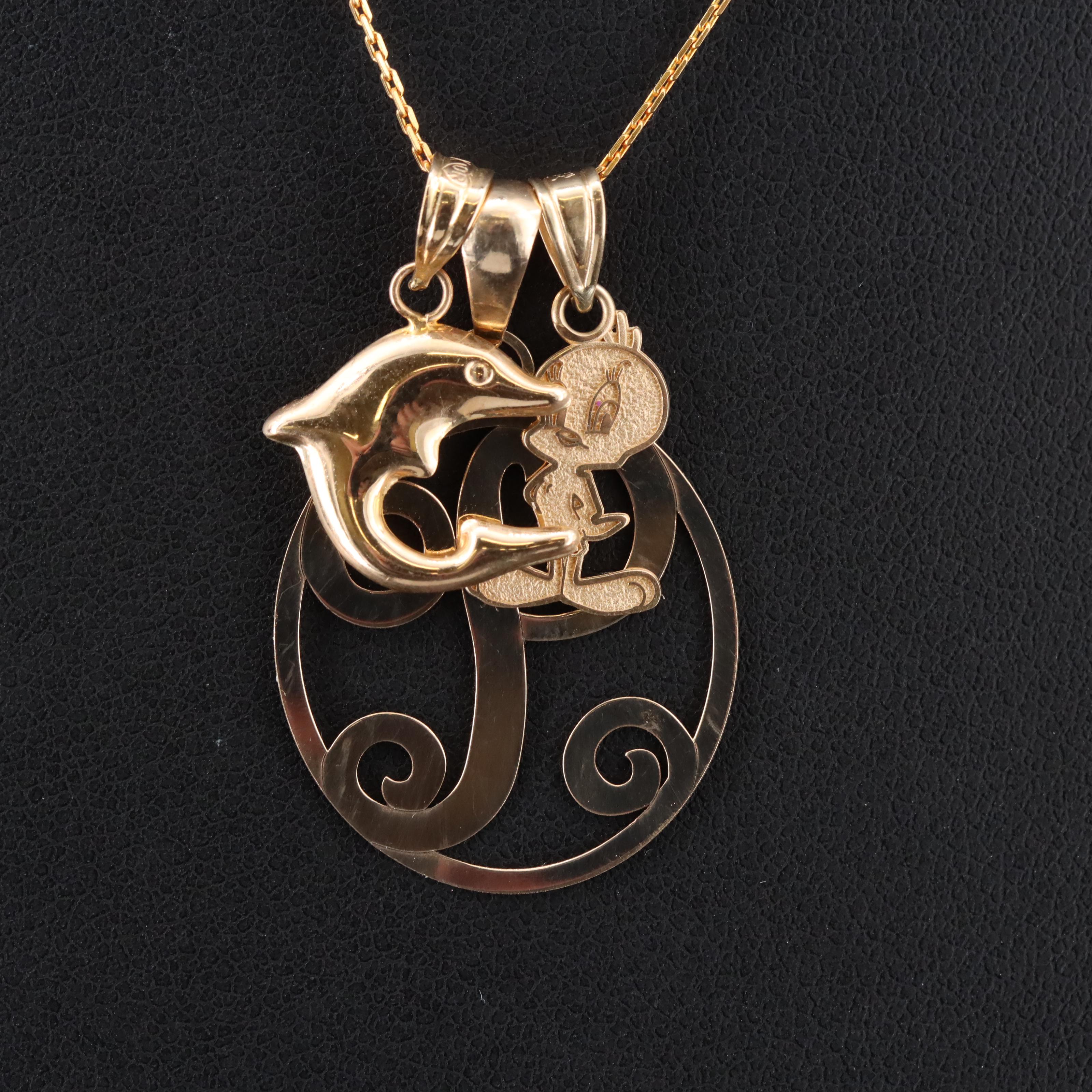 14K Tweety Bird, Dolphin and Letter "P" Charms on Cable Chain | EBTH