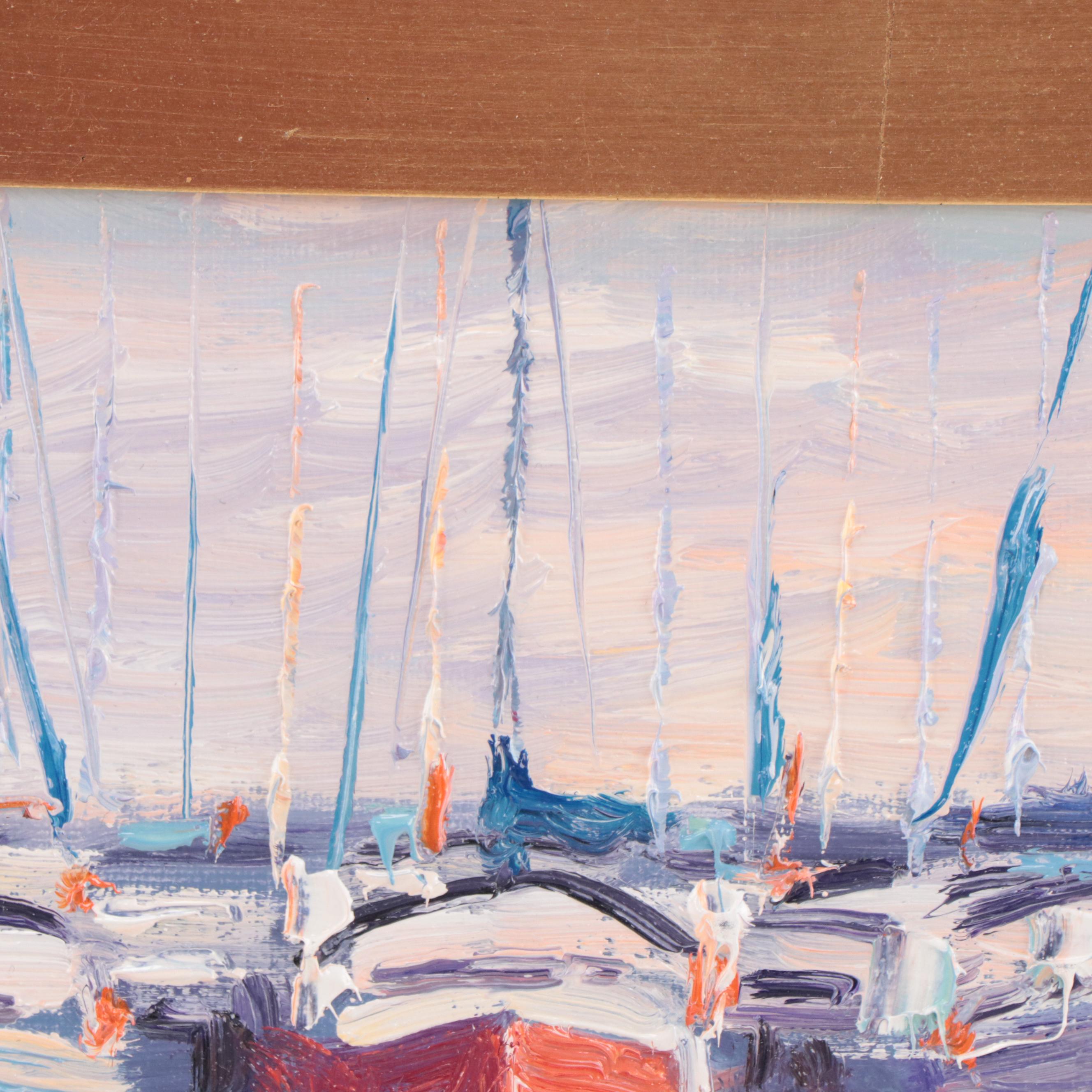 Sean Wu Nautical Oil Painting of Boats in Marina | EBTH