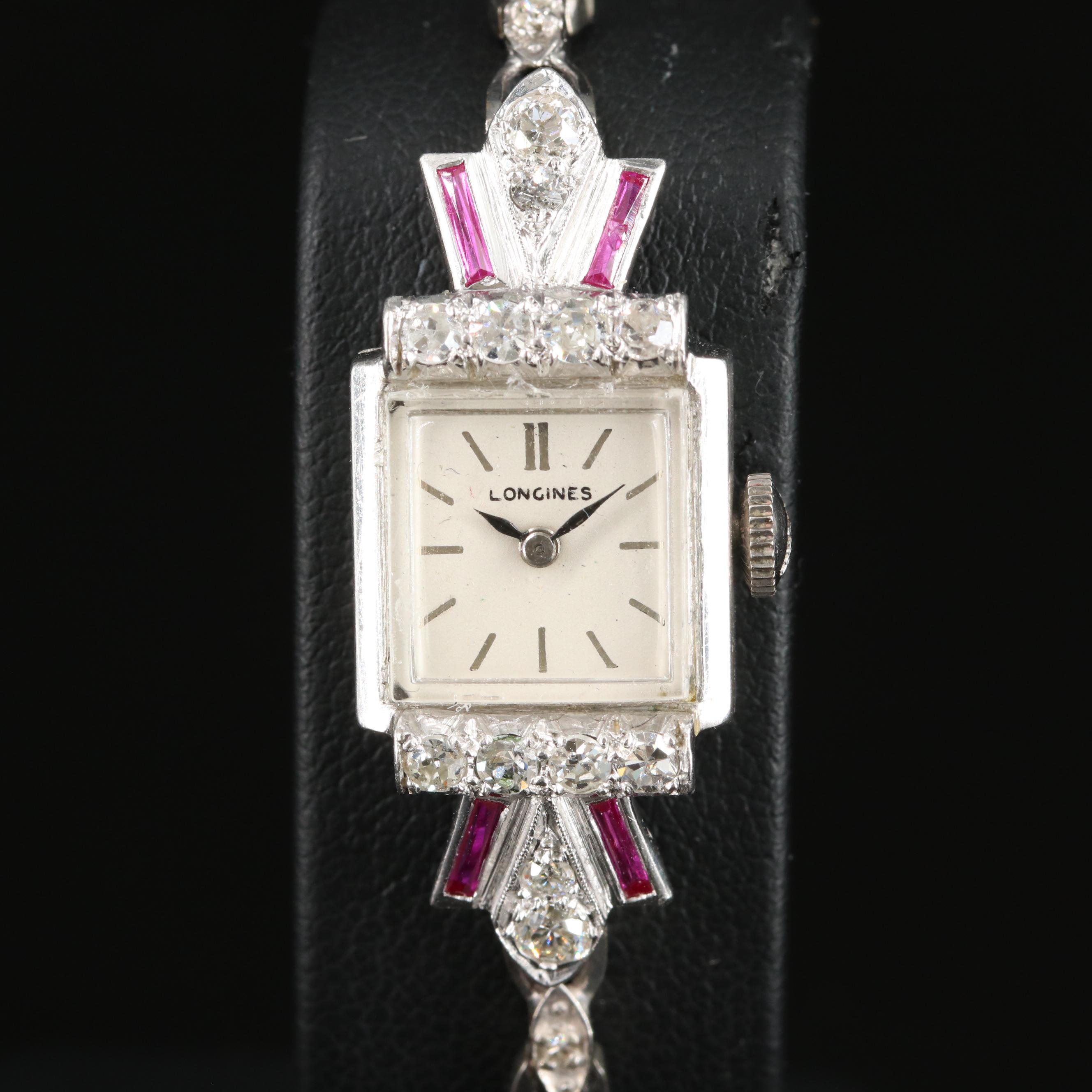 Vintage Platinum Longines Diamond and Ruby Wristwatch | EBTH