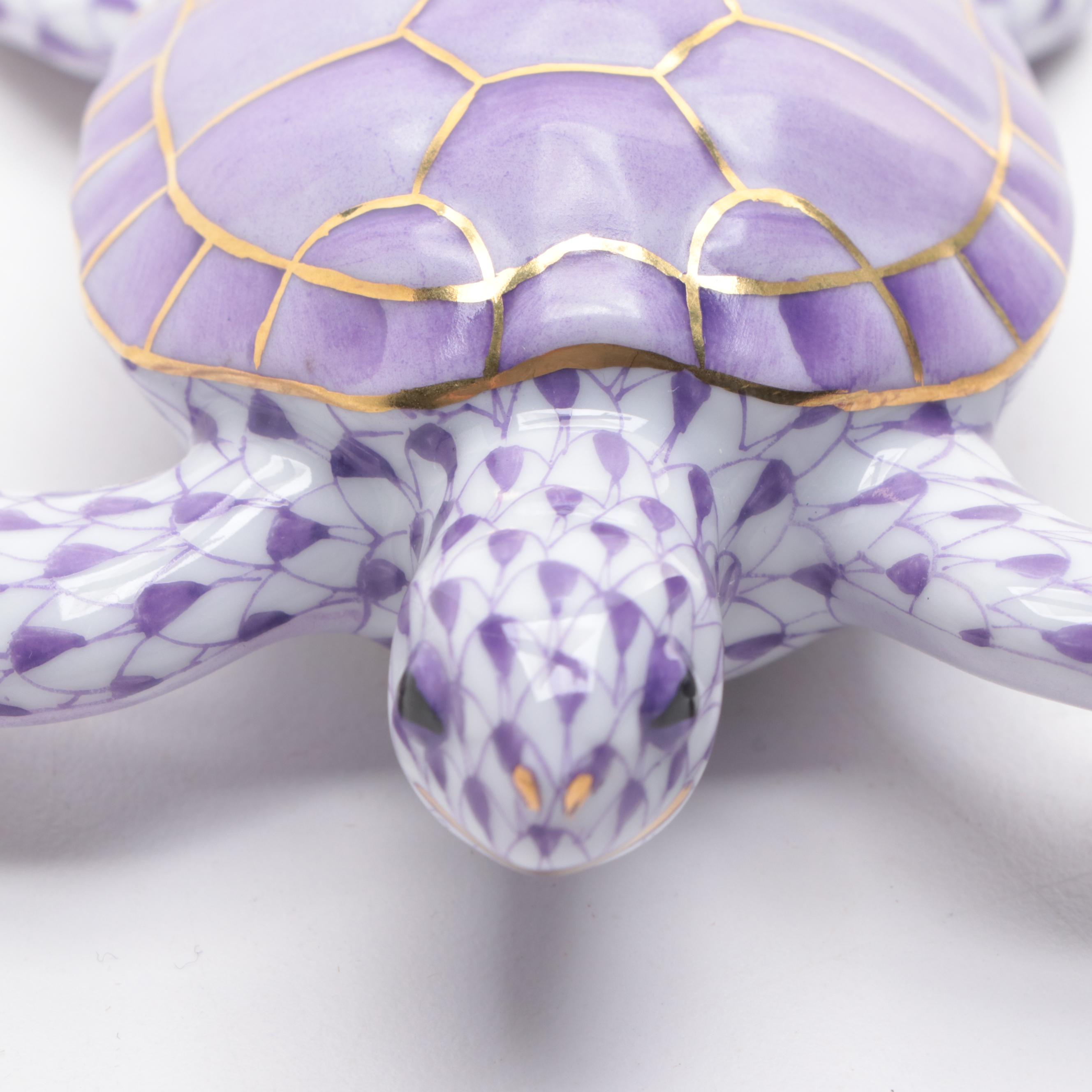 Herend Lilac Fishnet with Gold "Loggerhead Sea Turtle" Porcelain ...