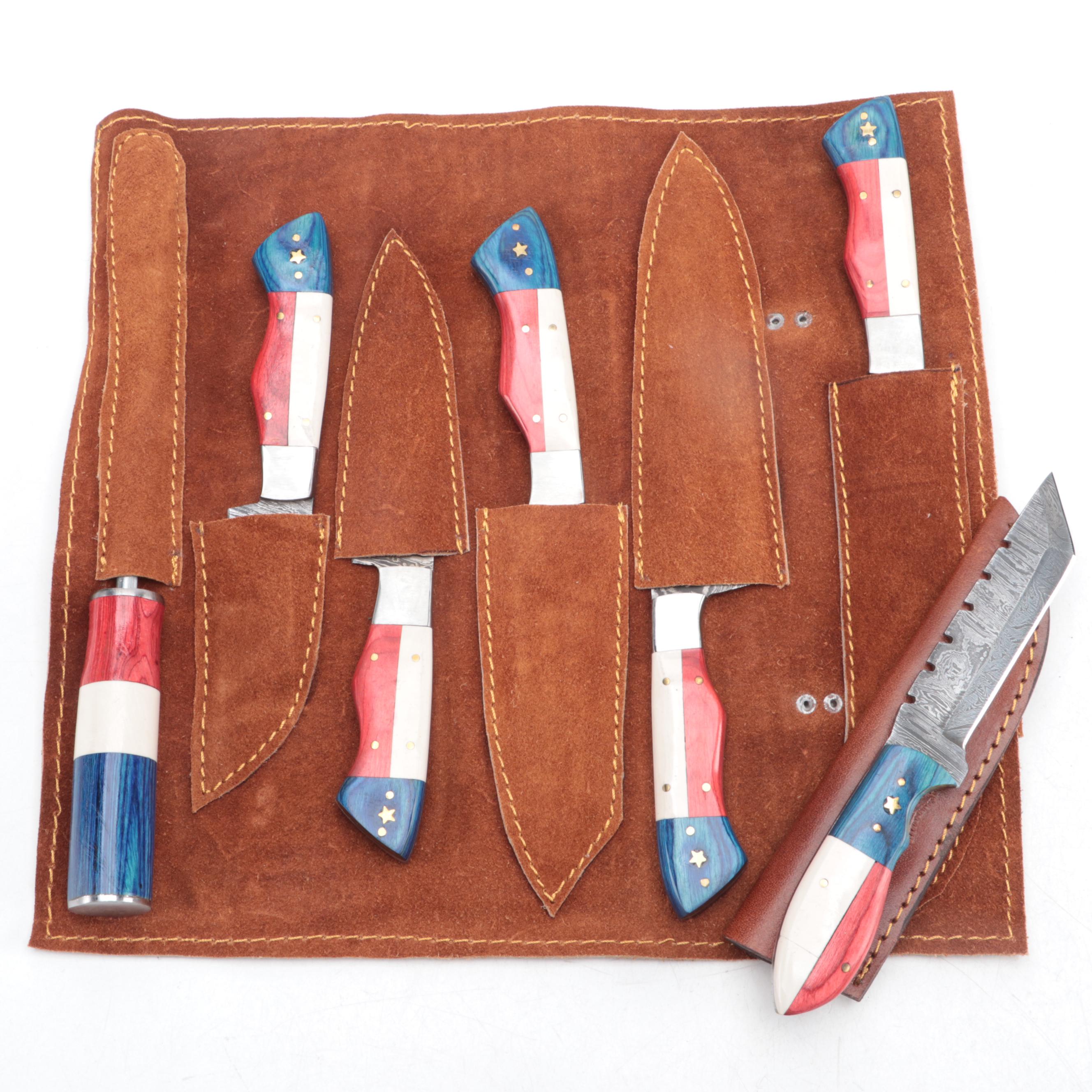 Damascus Steel Chiefs Knives in Rolled Leather Case | EBTH