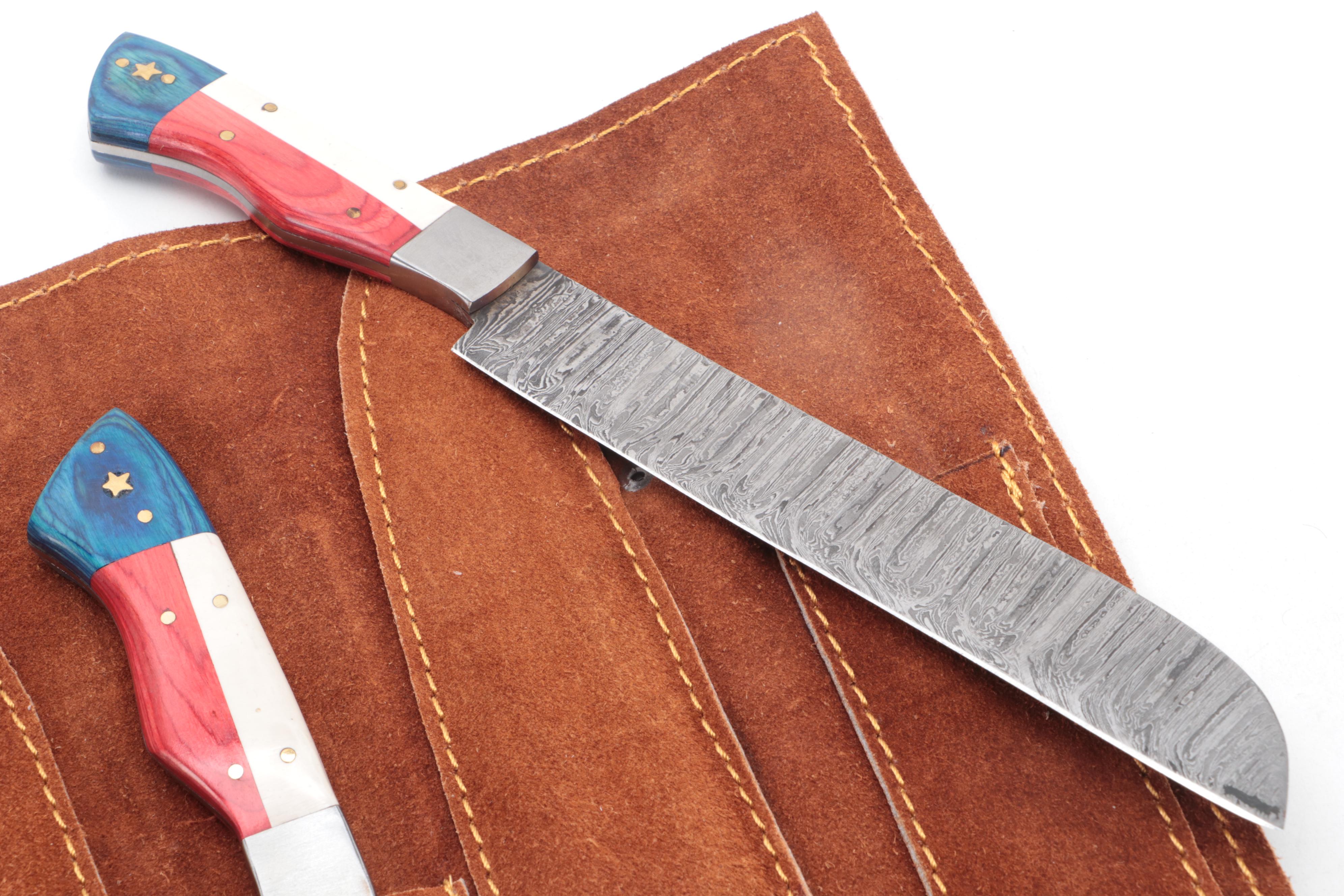 Damascus Steel Chiefs Knives in Rolled Leather Case | Everything But ...