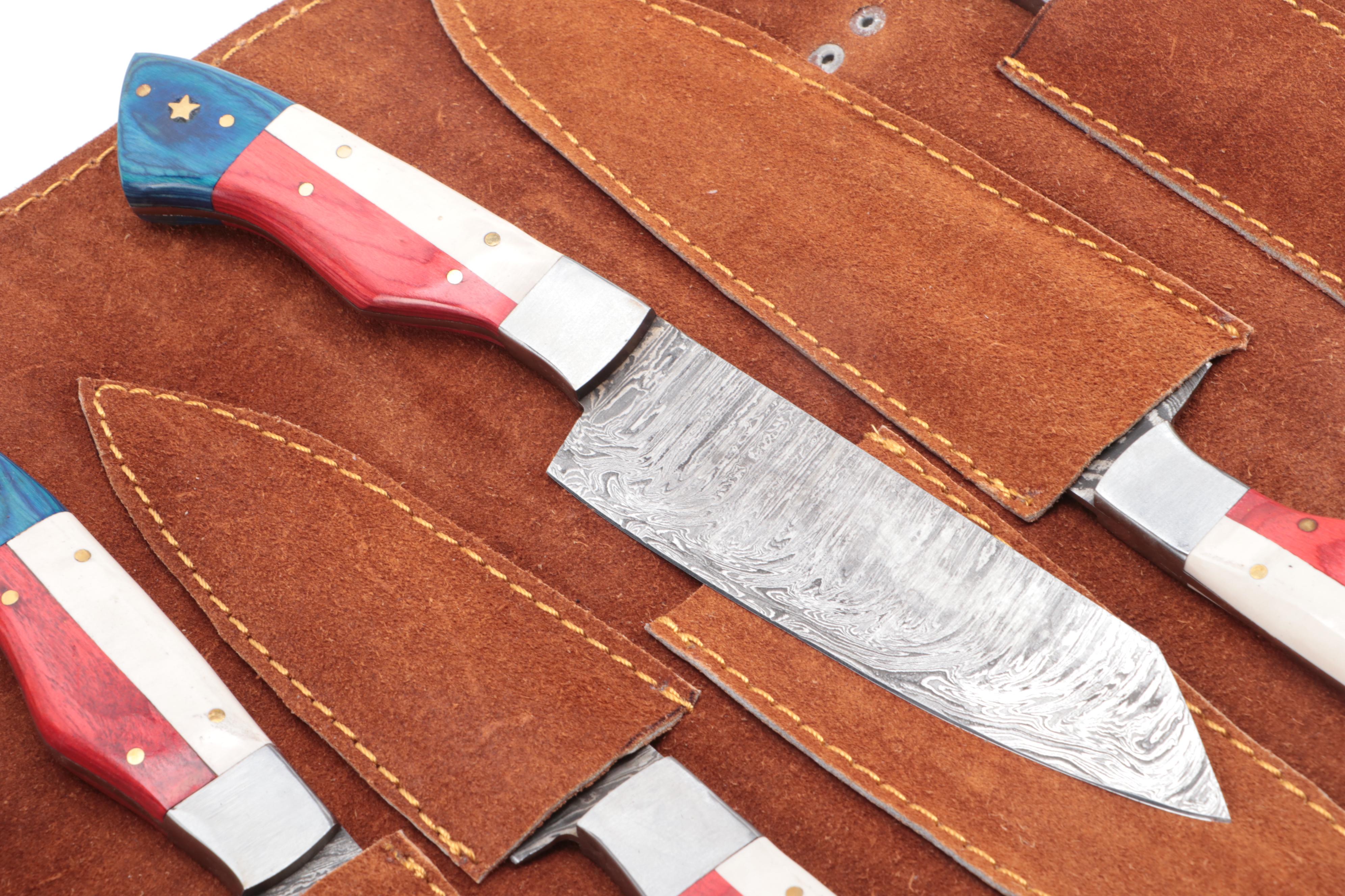 Damascus Steel Chiefs Knives in Rolled Leather Case | Everything But ...