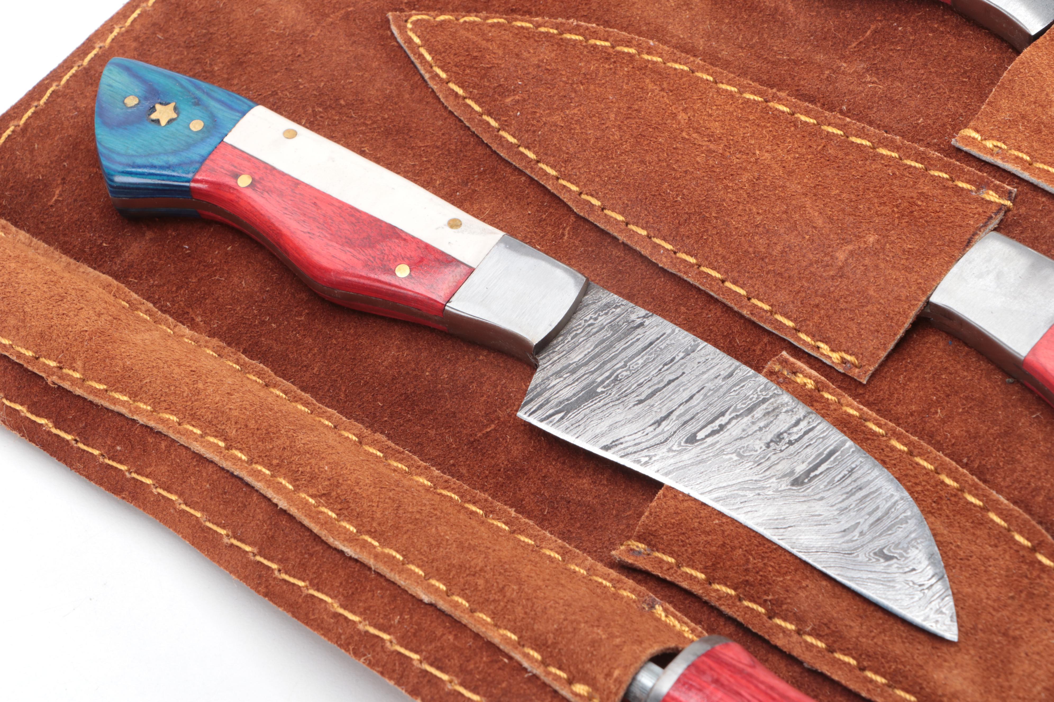 Damascus Steel Chiefs Knives in Rolled Leather Case | Everything But ...