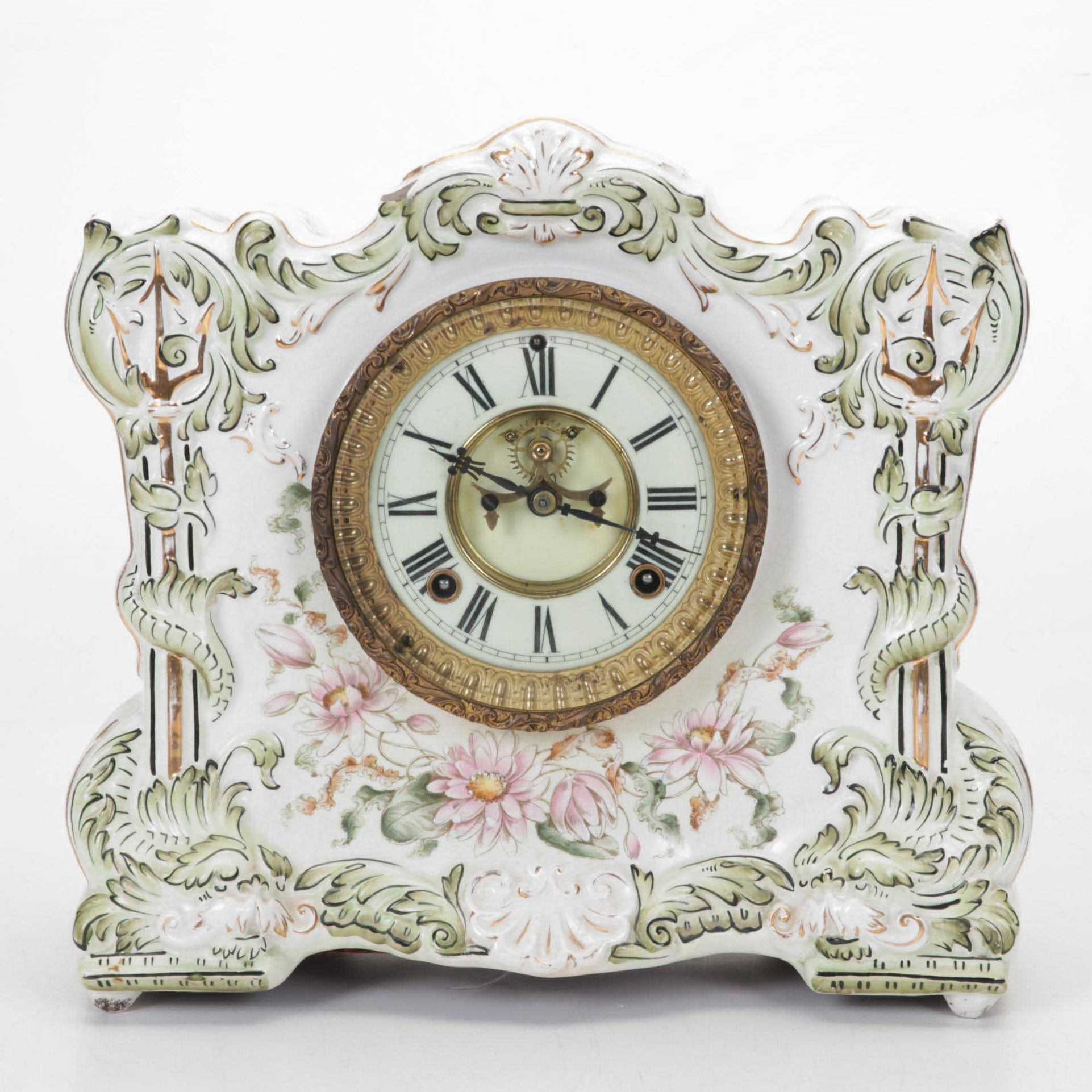 Ansonia Clock Co. "Osceola" Royal Bonn Porcelain Mantel Clock, Late ...