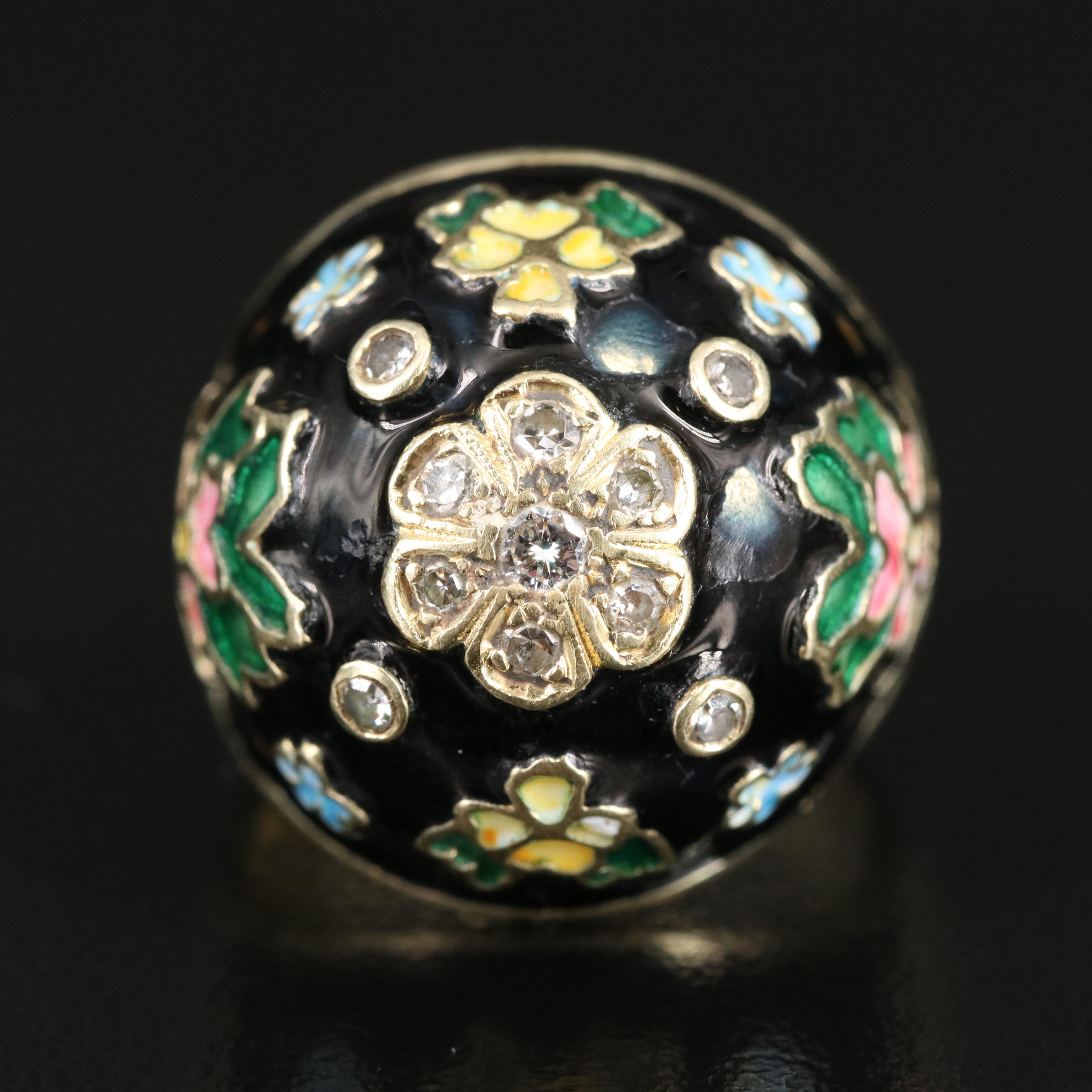 14K Diamond and Enamel Floral Dome Ring | EBTH