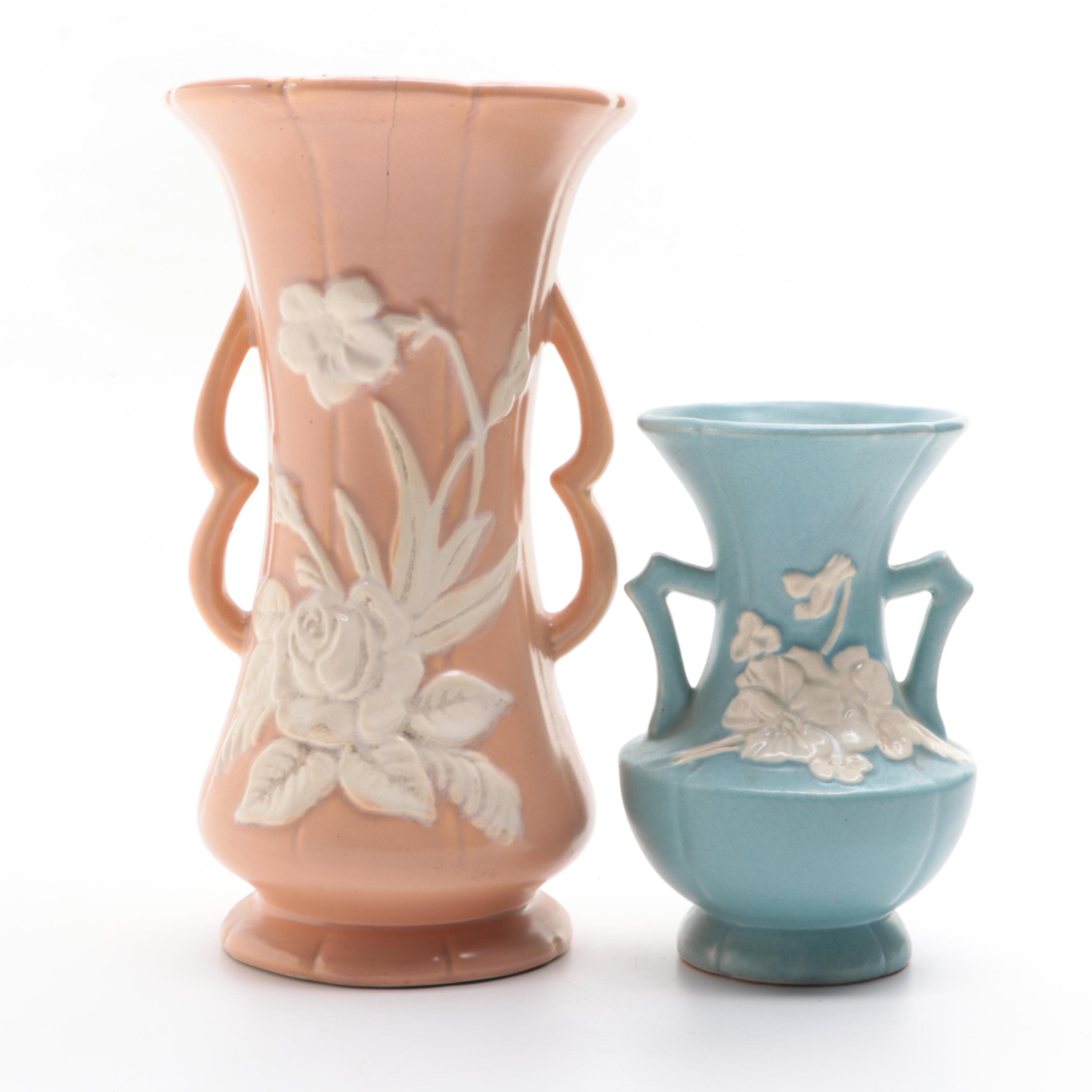 Late Art Deco Weller Pottery Cameo Pink and Blue Planters | EBTH