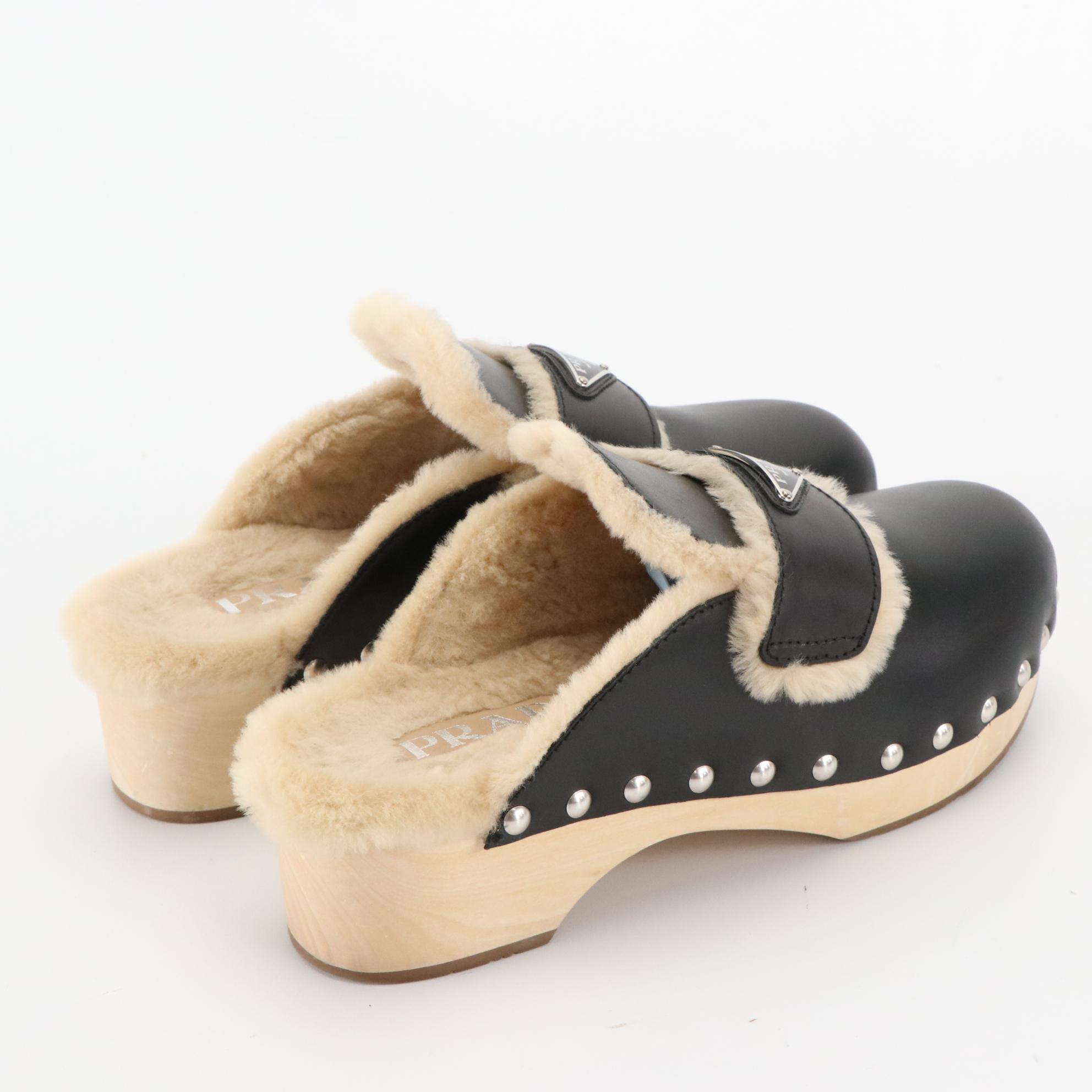 Prada Studded Black Leather Fur Lined Clogs | EBTH