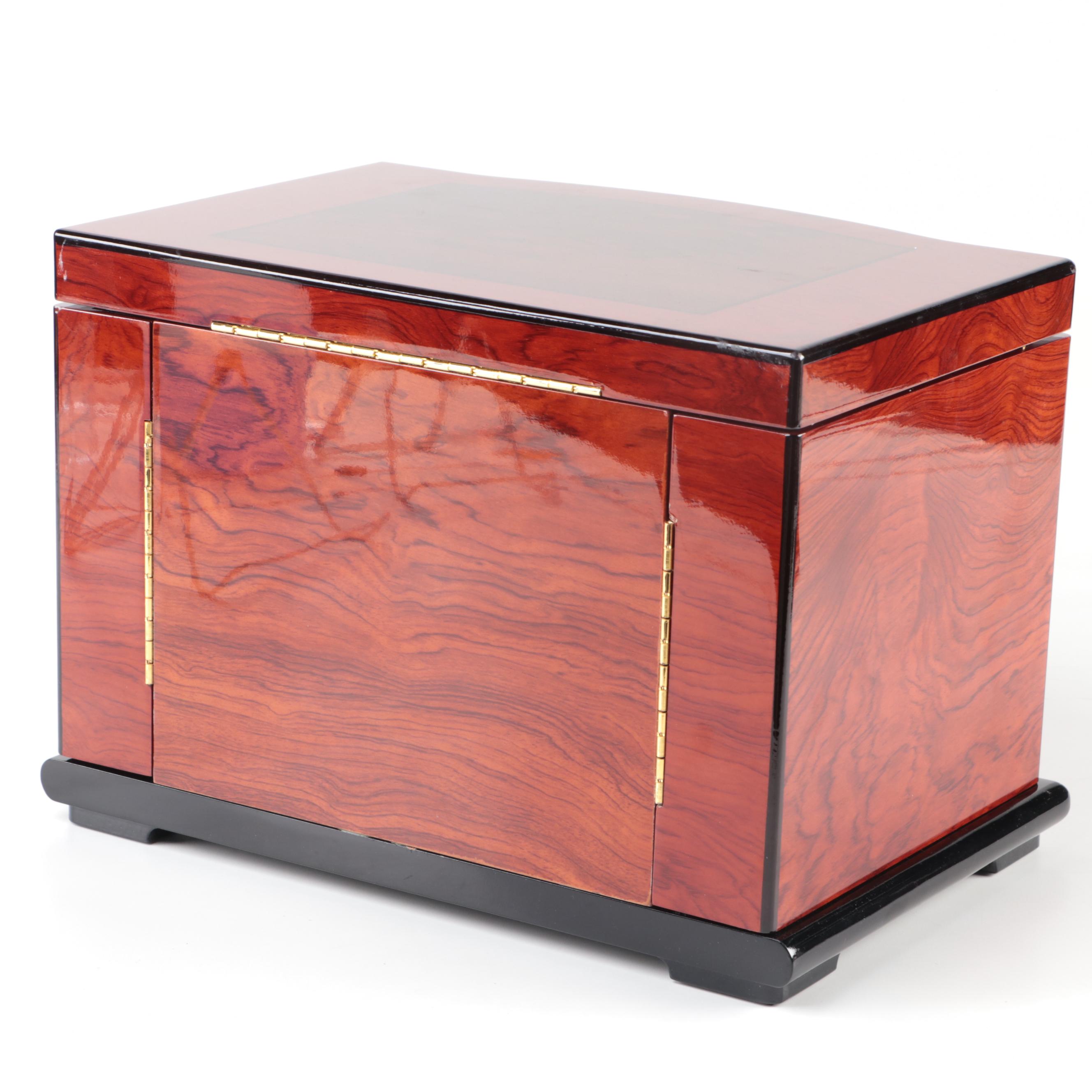 Jere High Gloss Poplar and Burl Wood Inlay Jewelry Chest | EBTH