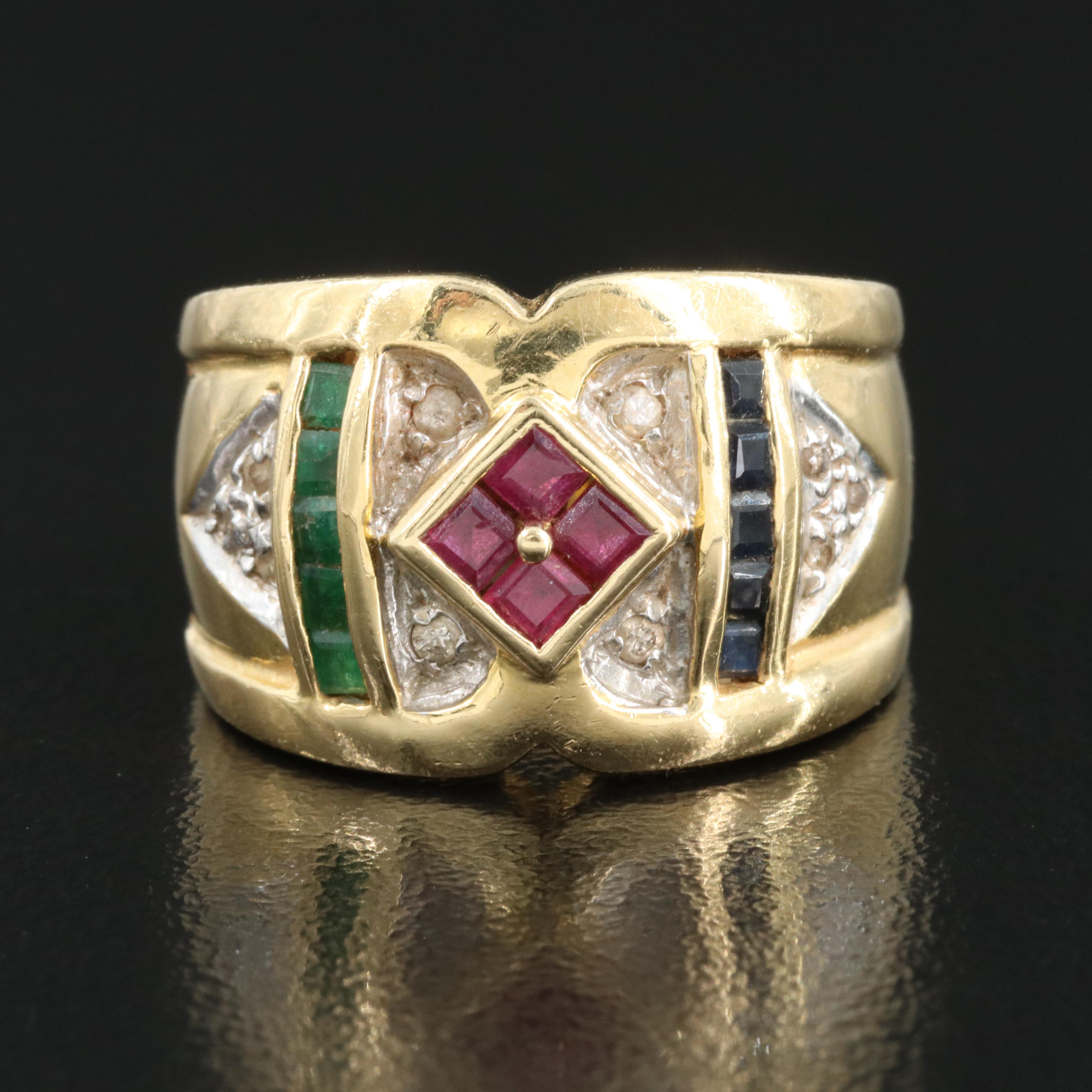 18K Ruby, Sapphire, Emerald and Diamond Ring | EBTH