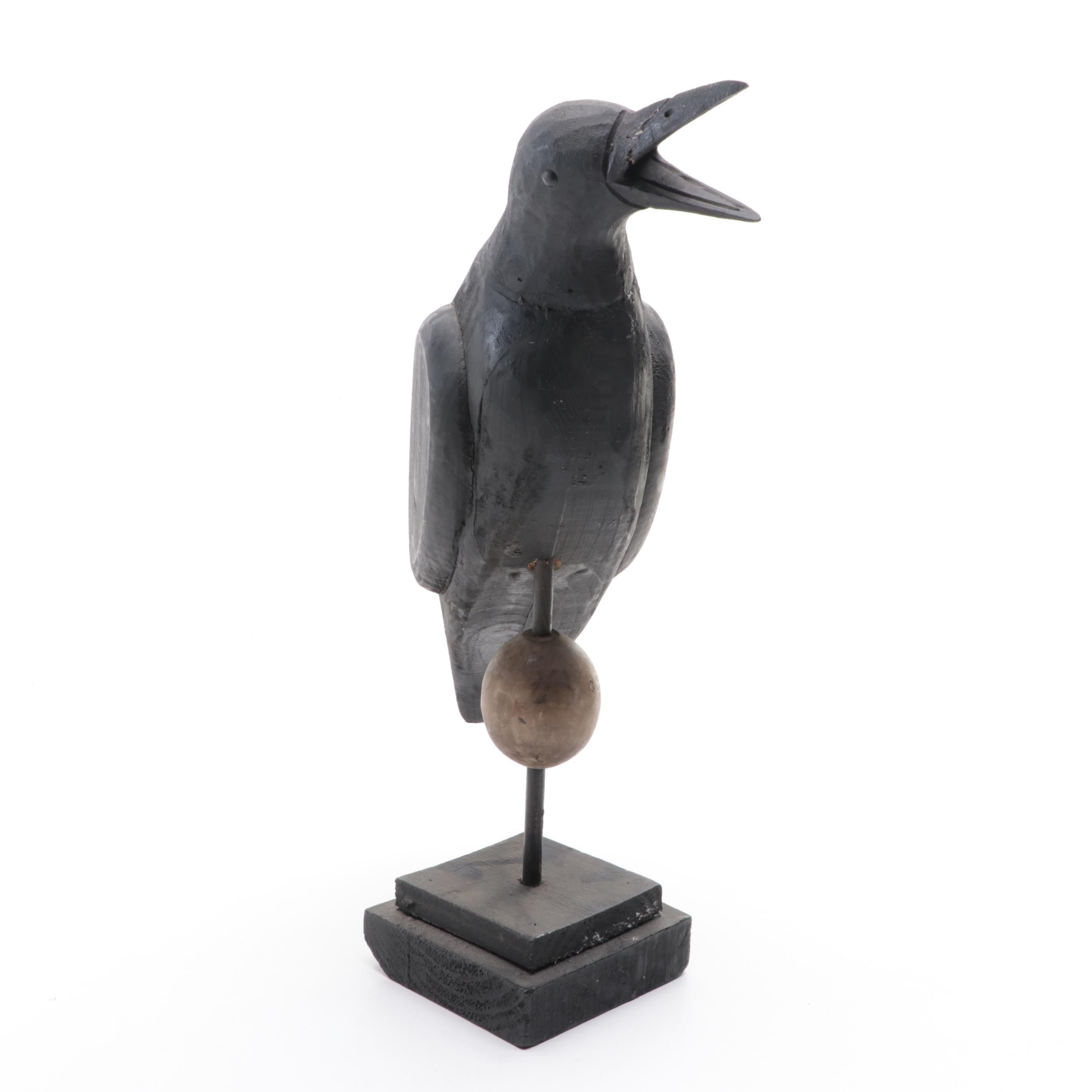 Hand-Carved Wooden Raven Decoy Statuette | EBTH