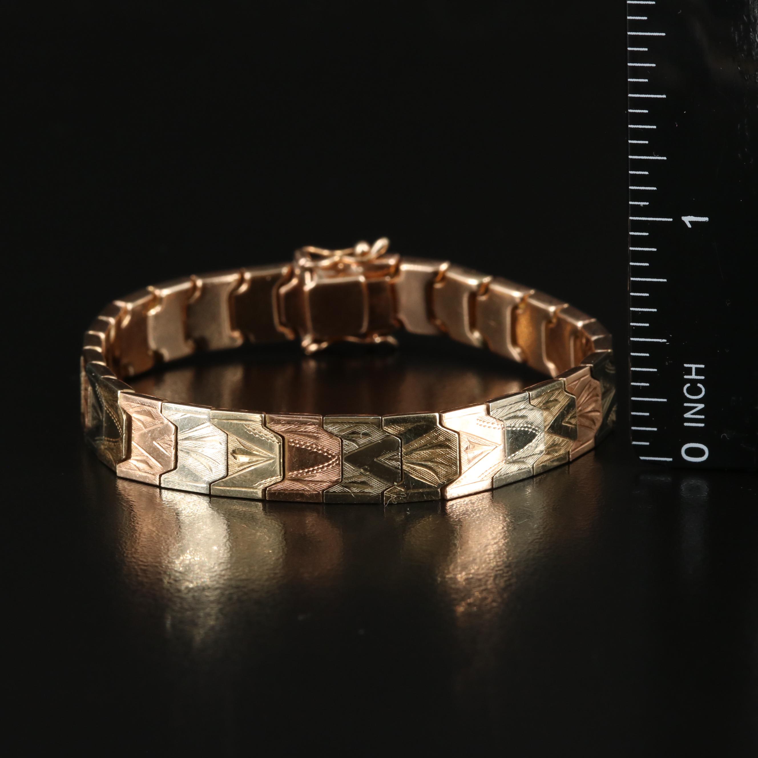 14K Tri-Color Link Bracelet with Engraved Details | EBTH