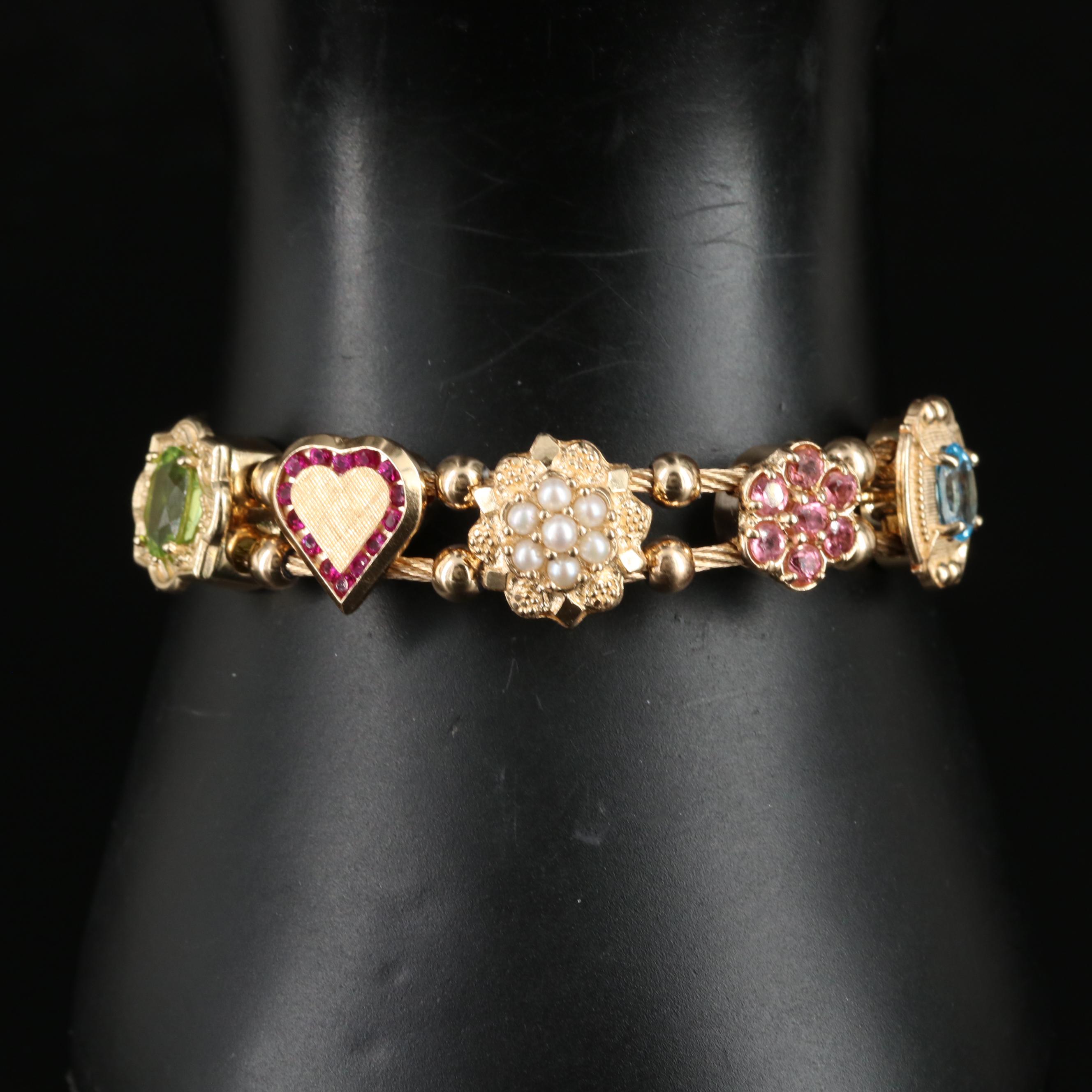 Richard Glatter 14K Slide Charm Bracelet Including Seed Pearl and ...