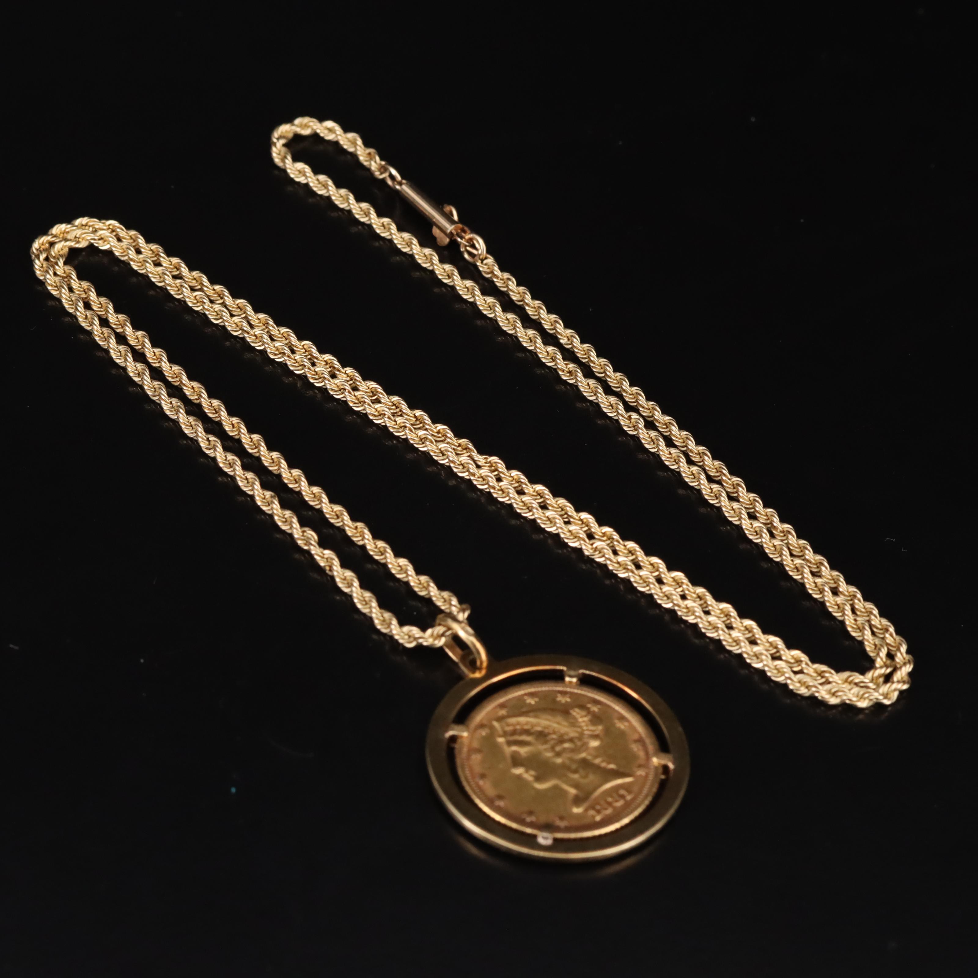 14K Necklace with 1881 Liberty Head $5 Gold Half Eagle Coin | EBTH