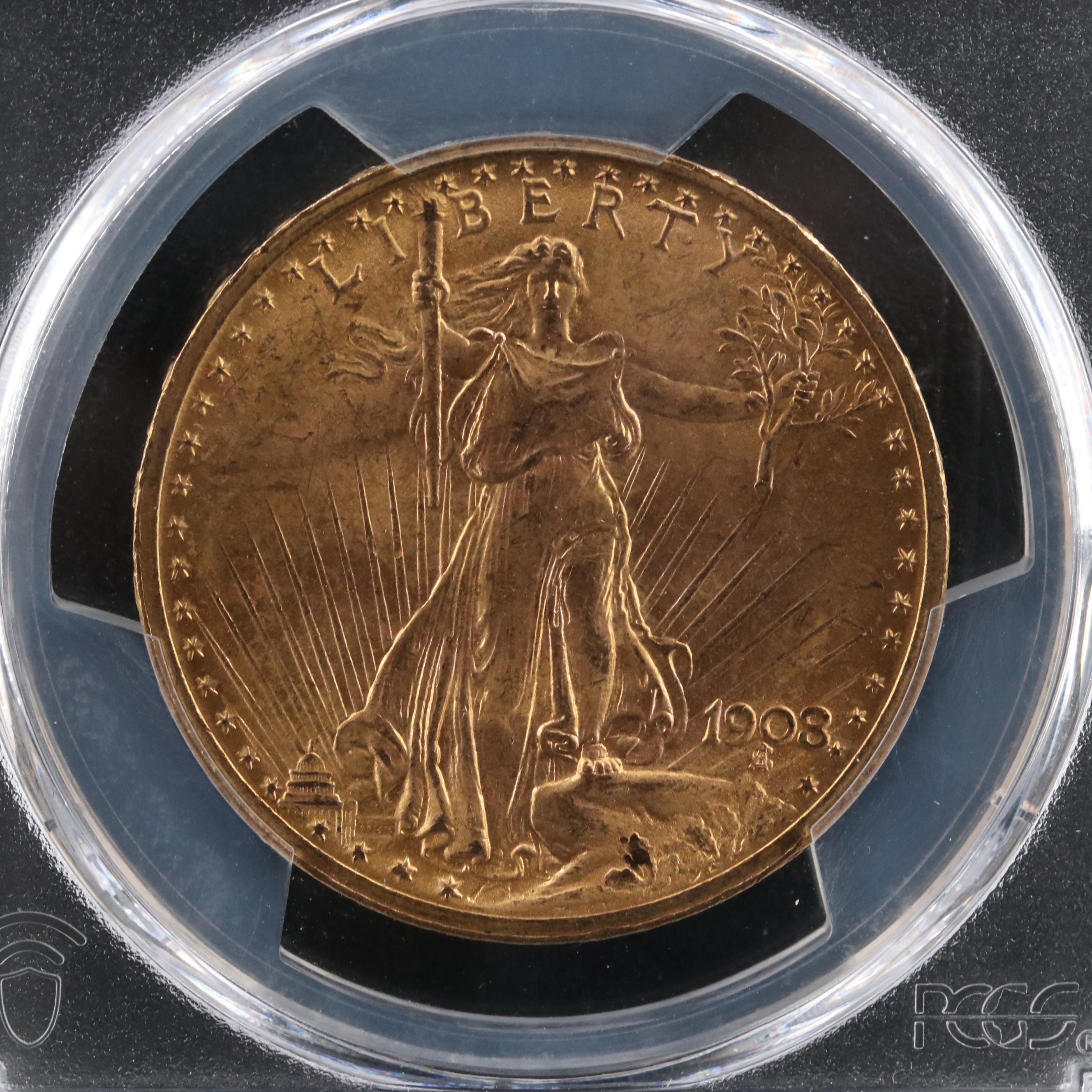 PCGS Graded MS65 1908 Saint-Gaudens $20 Double Eagle Gold Coin | EBTH