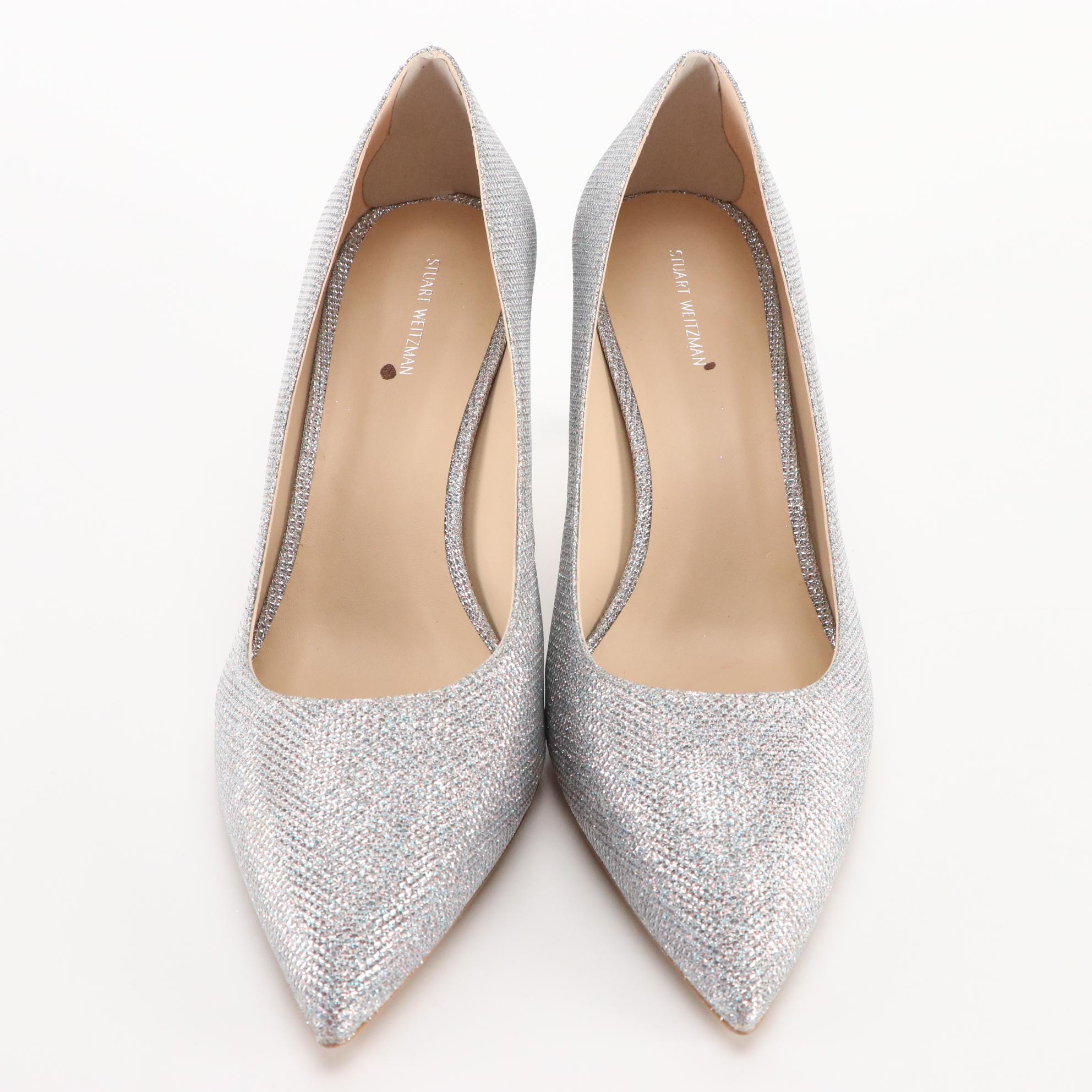 Stuart Weitzman Pointed Toe Silver Glitter High Heel Pumps, New in Box | EBTH