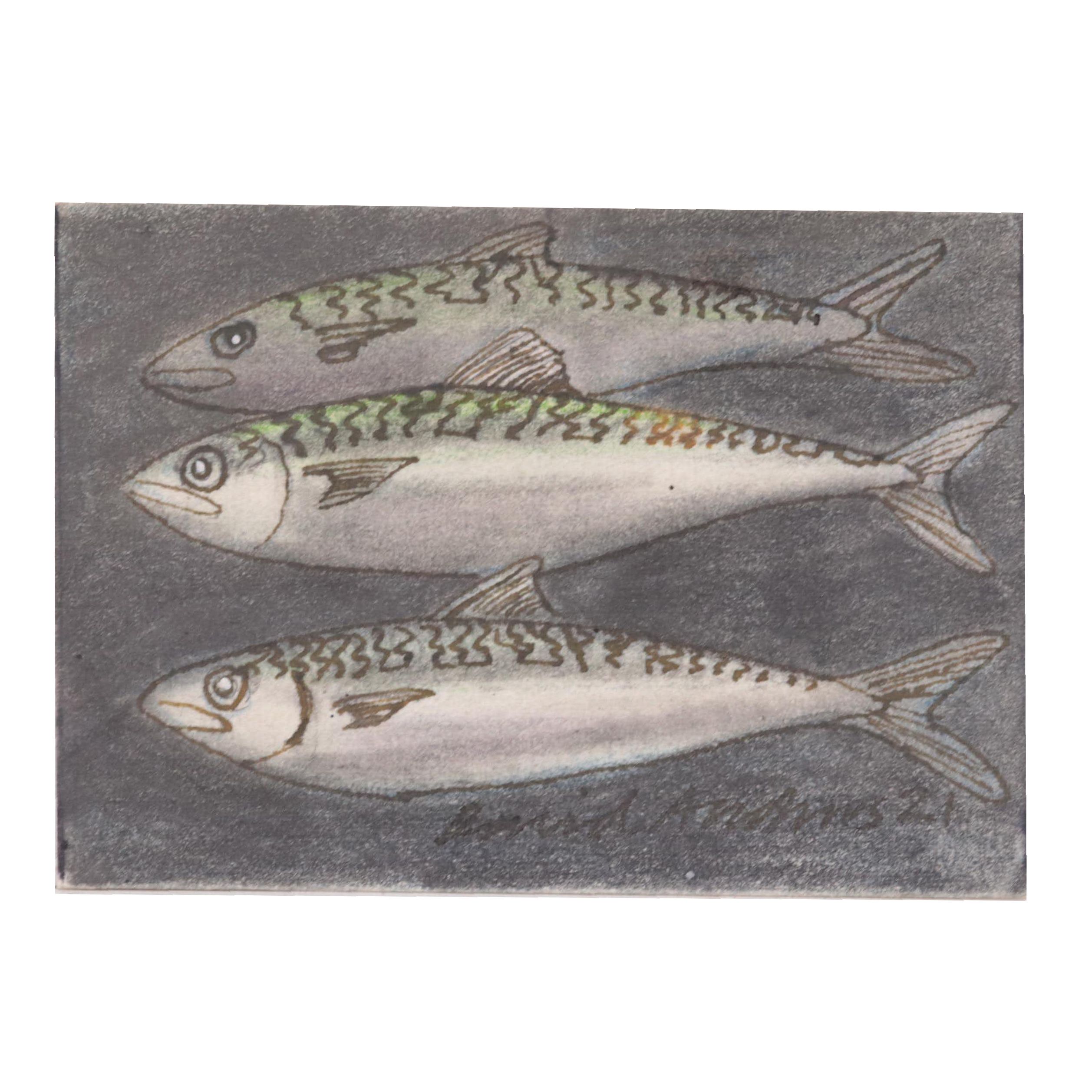 David Andrews Mixed Media Drawing of Three Fish, 2021 | Everything But ...