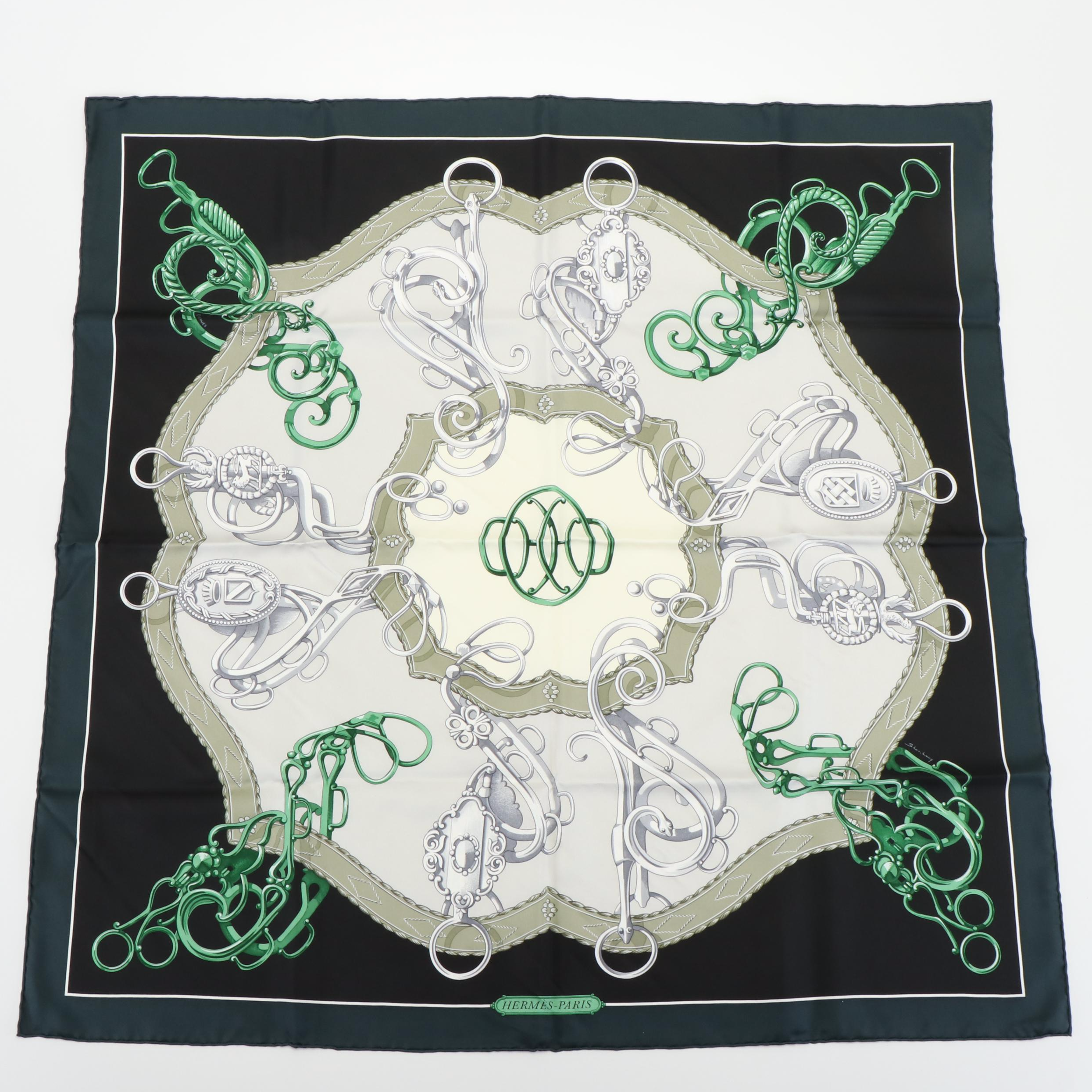 Hermès Lift Profile Vert Black Gris Silk Scarf | EBTH