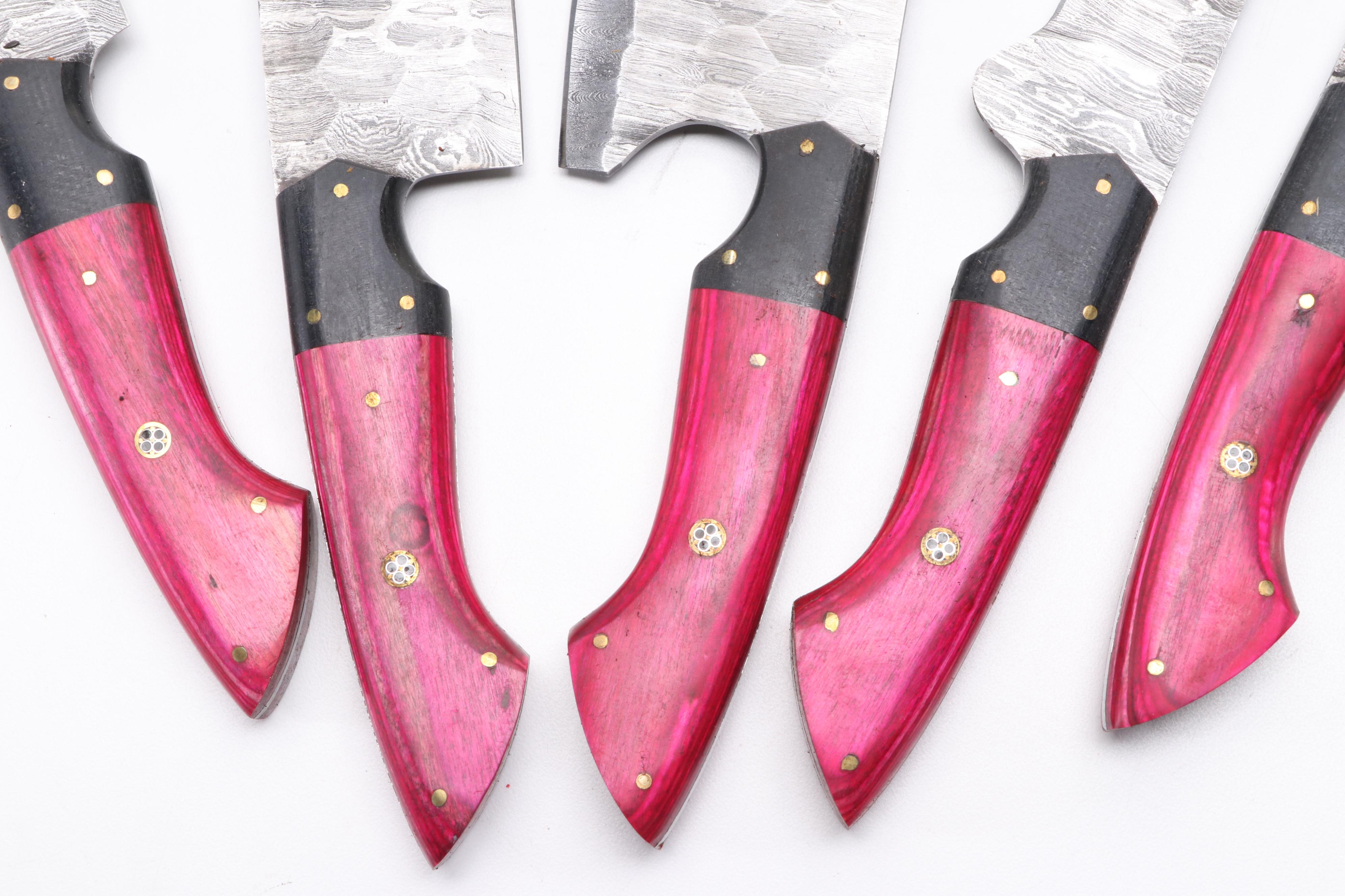Chef's Knife Set With Pink Aniline Dyed Handles & Damascus Steel Blades ...
