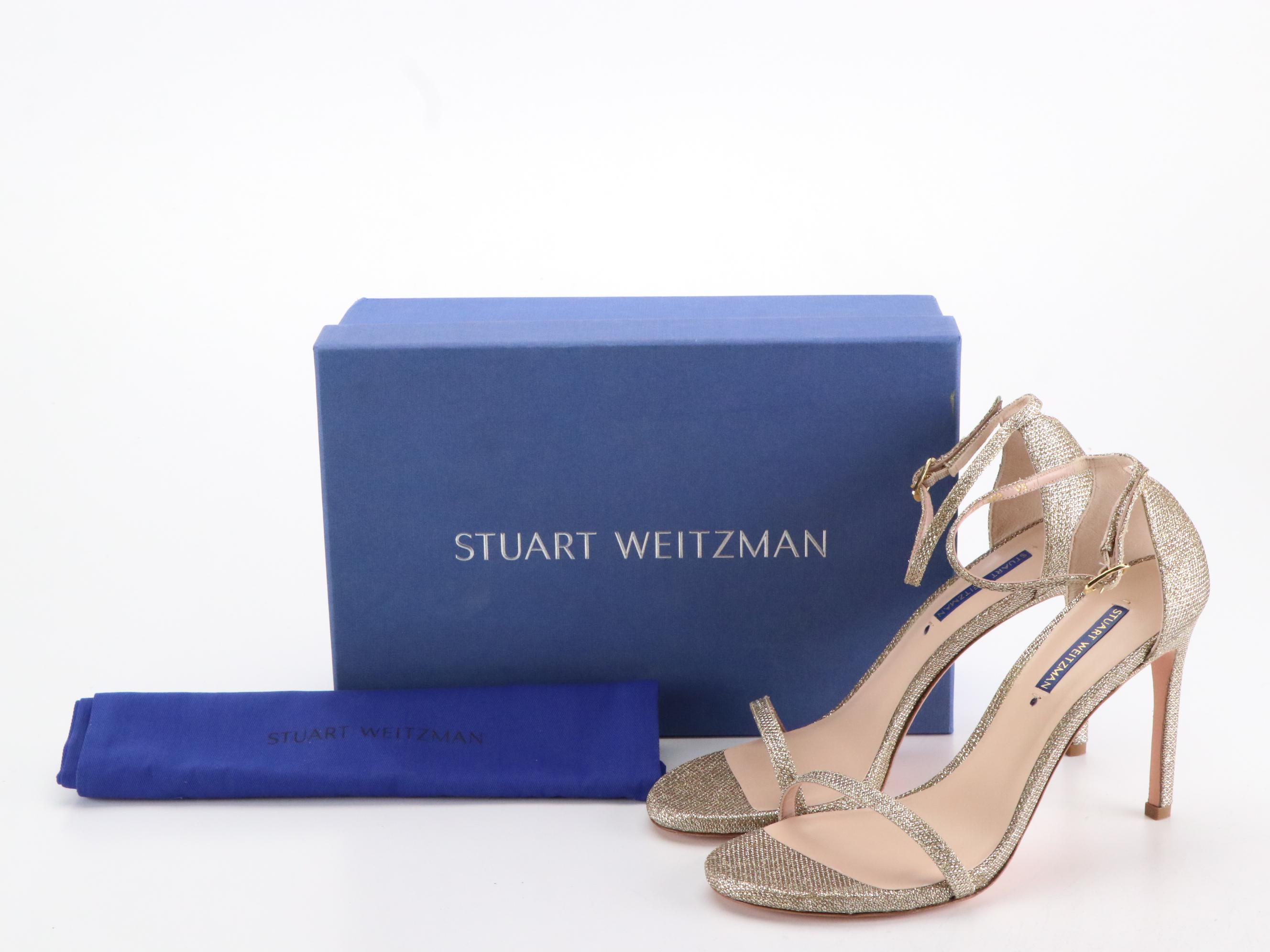 Stuart Weitzman Gold Glitter Ankle Strap High Heel Sandals, New in Box ...