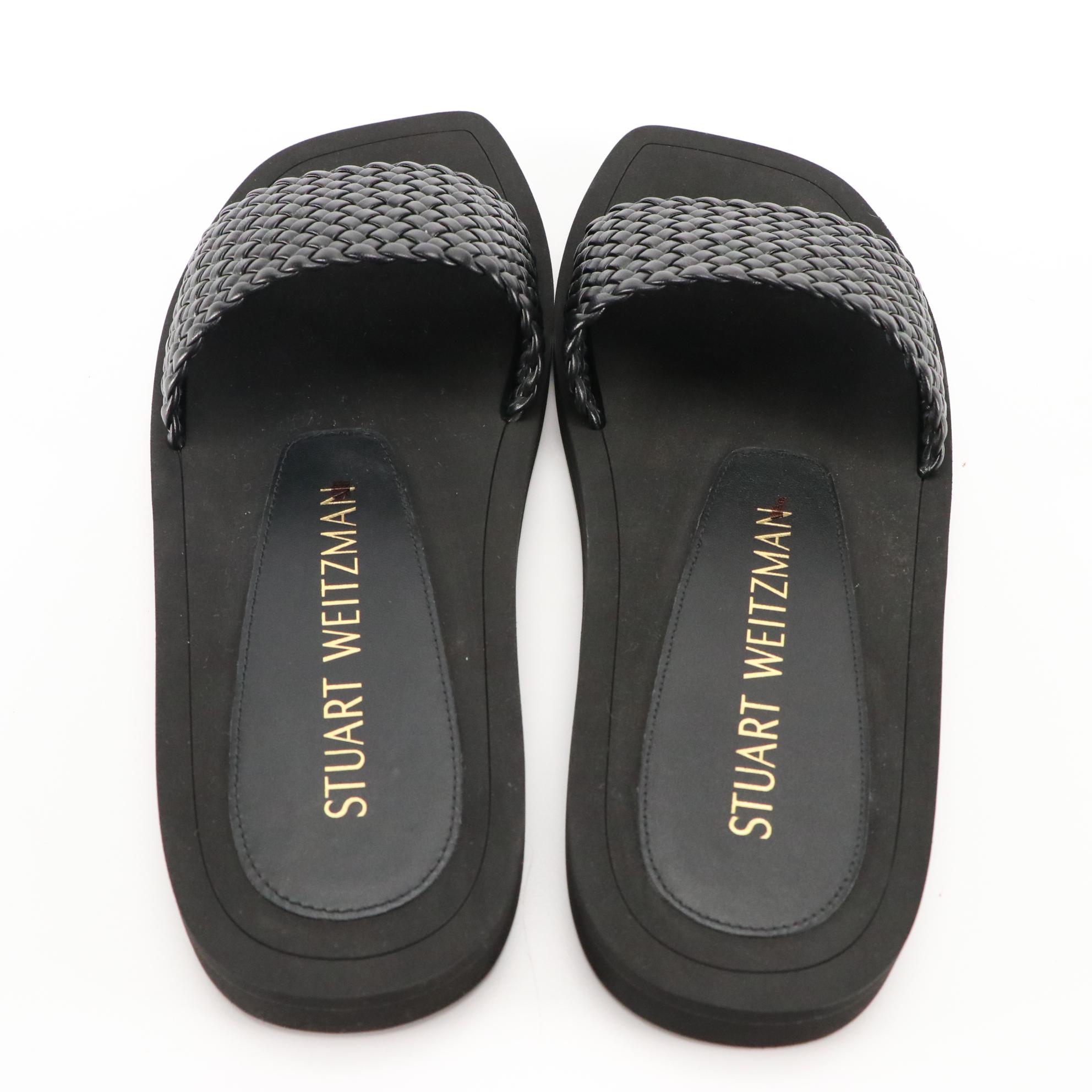 Stuart Weitzman Slide Sandals in Black Leather and Leopard Print, New ...