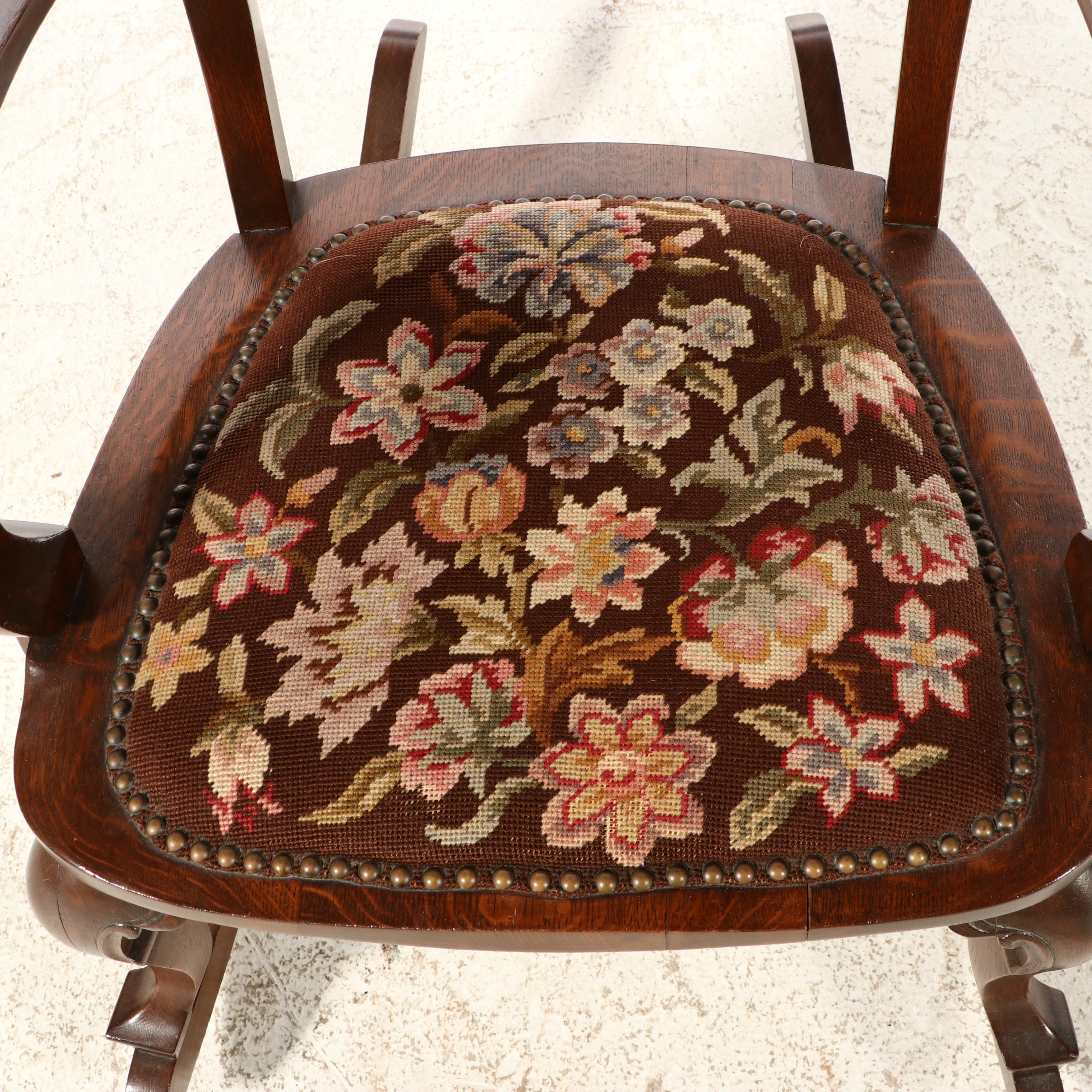 Colonial Revival Oak Rocking Chair and Bench with Needlepoint Seats | EBTH
