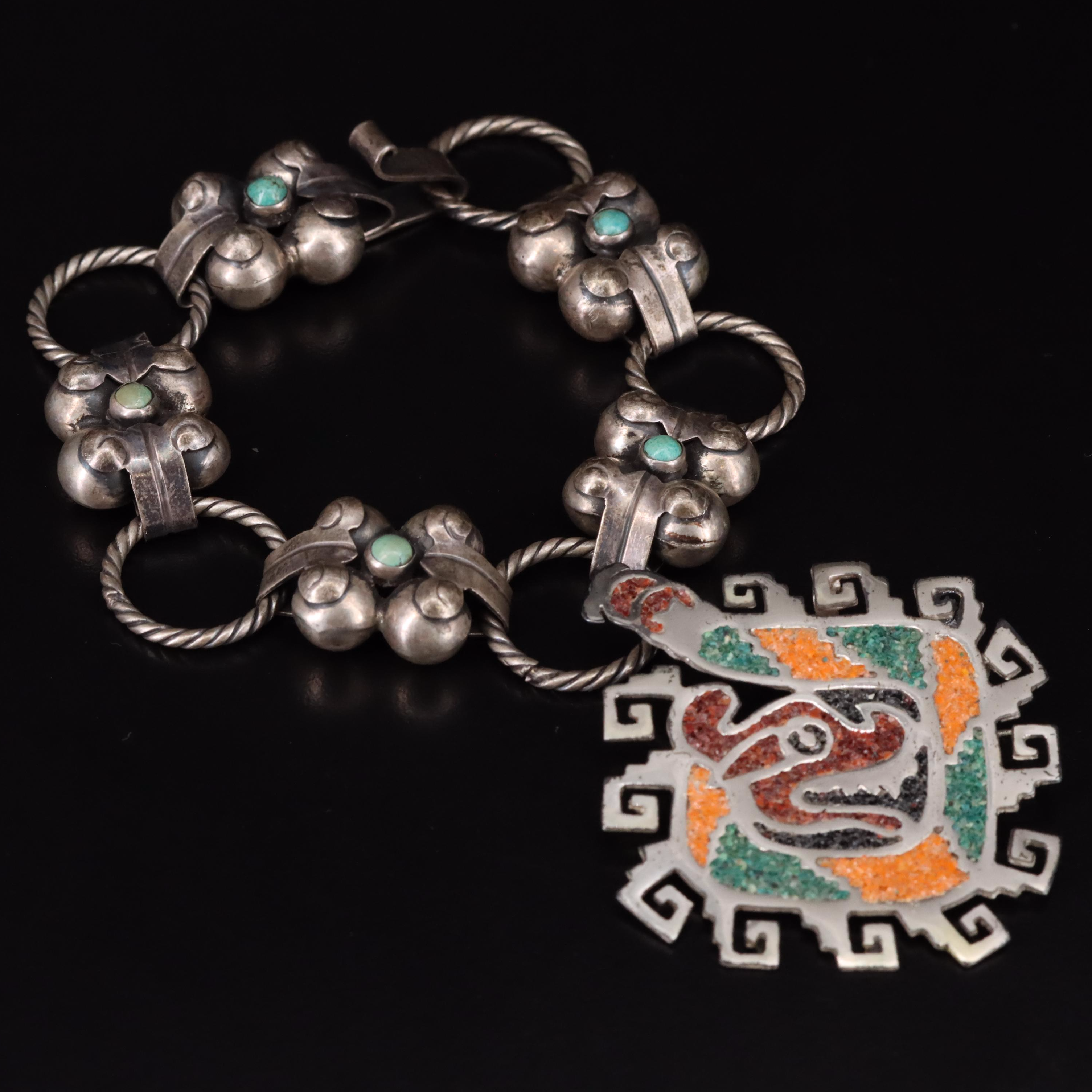 Mexican Sterling Turquoise Bracelet and Inlay Brooch | EBTH