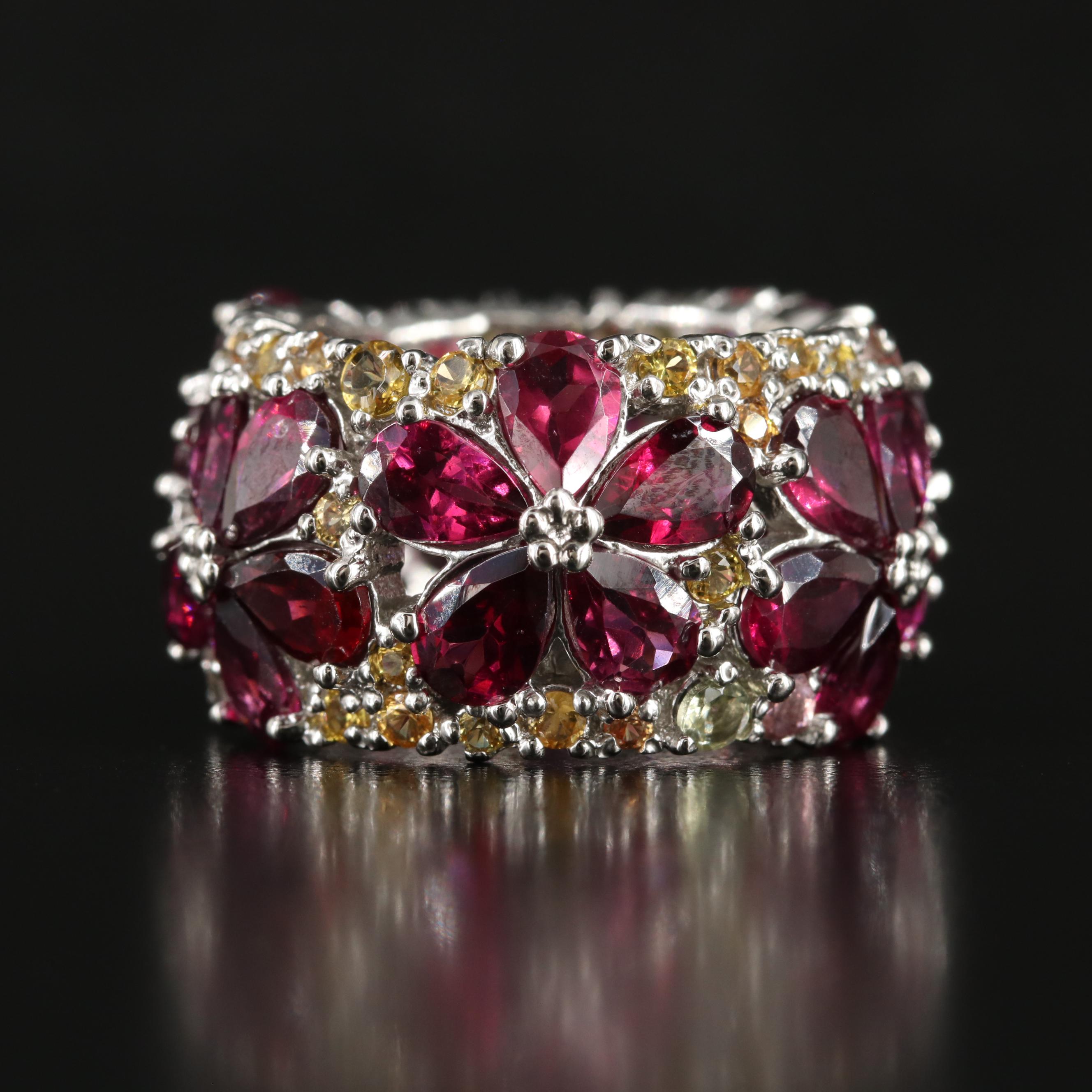 Sterling Garnet and Sapphire Flower Eternity Band | EBTH