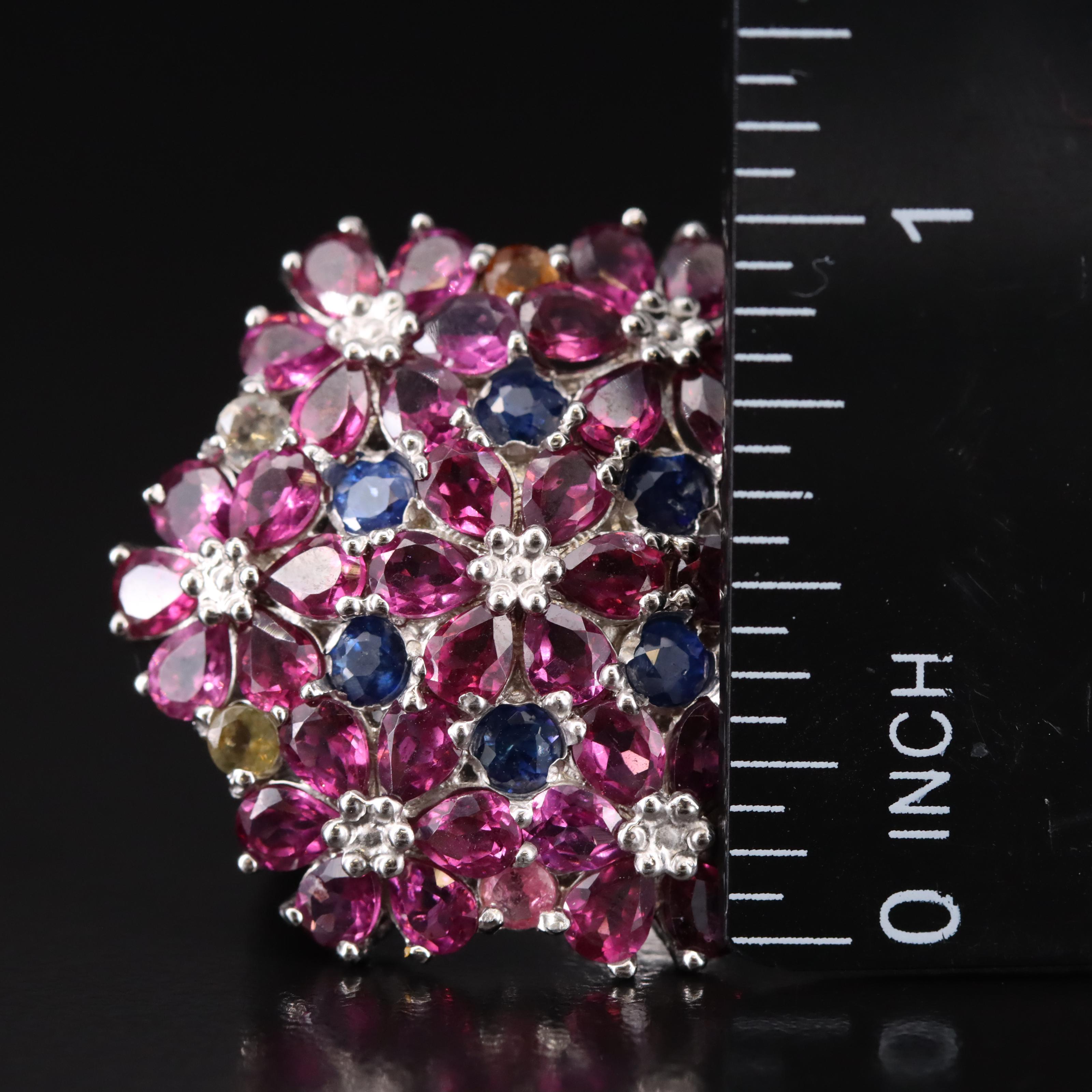 Sterling Rhodolite Garnet, Sapphire and Tourmaline Flower Ring | EBTH