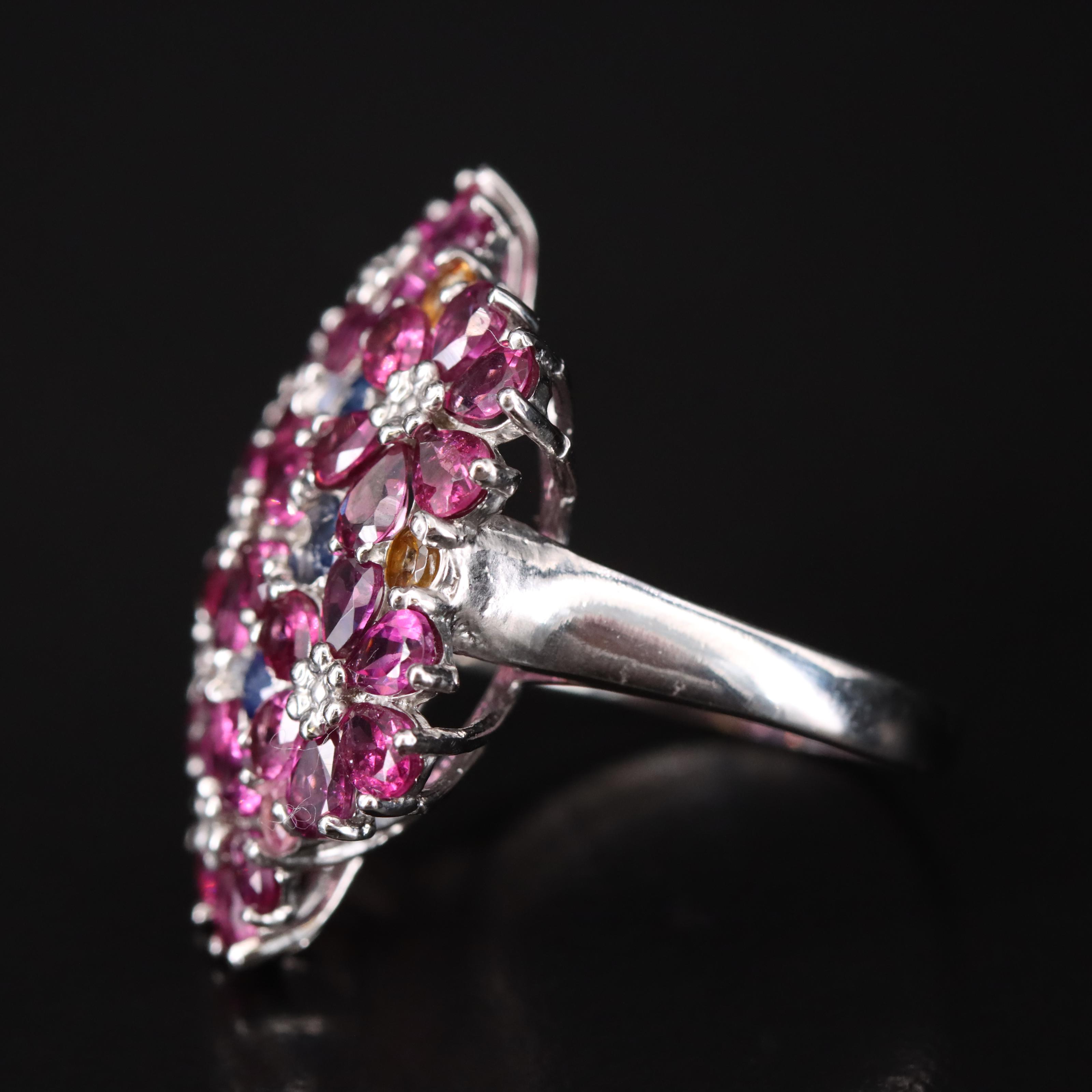 Sterling Rhodolite Garnet, Sapphire and Tourmaline Flower Ring | EBTH
