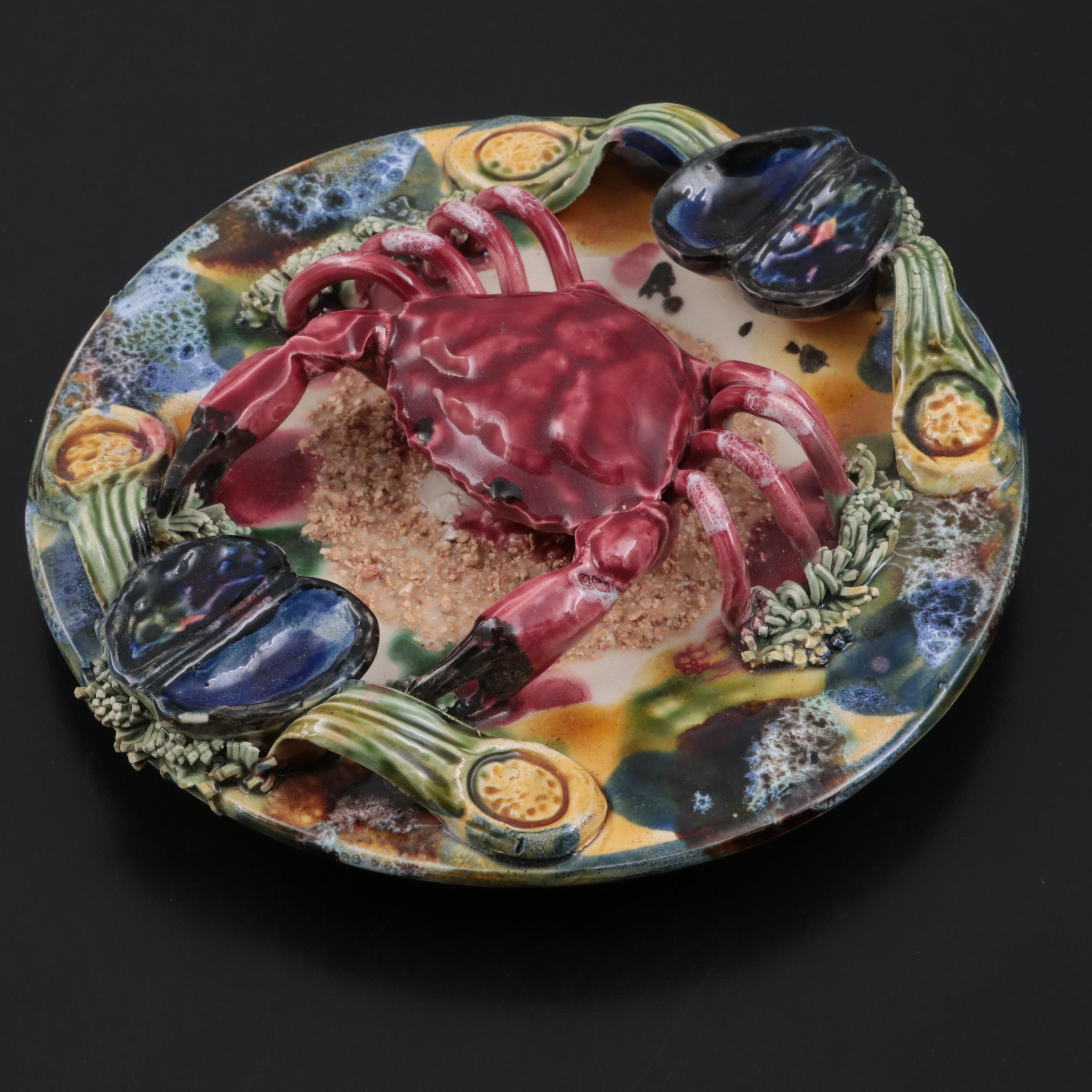 Pewter Crab Form Place Card Holders with Pallisy Style Majolica Plate ...