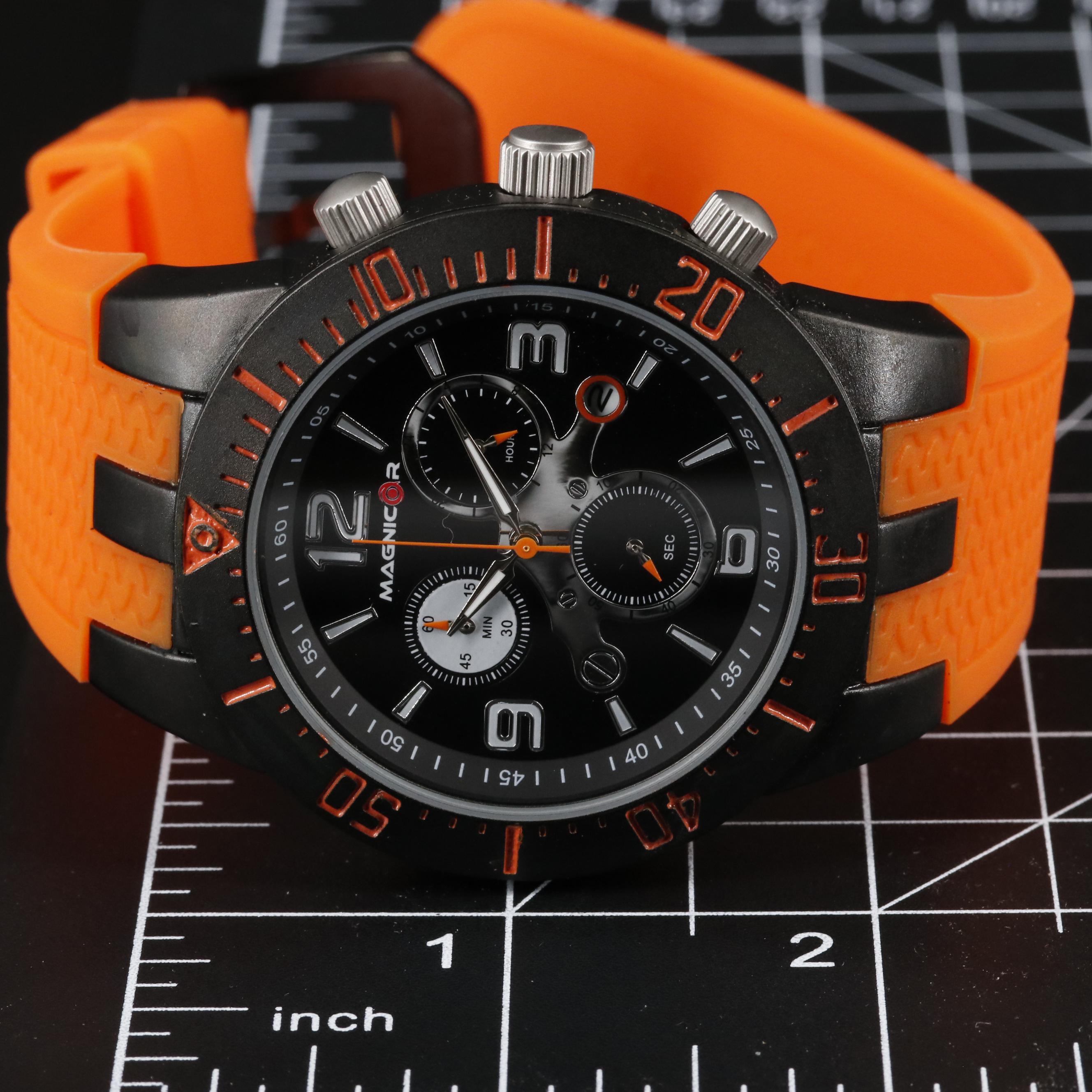 Magnicor Black Dial Chronograph Wristwatch with Orange Strap | EBTH