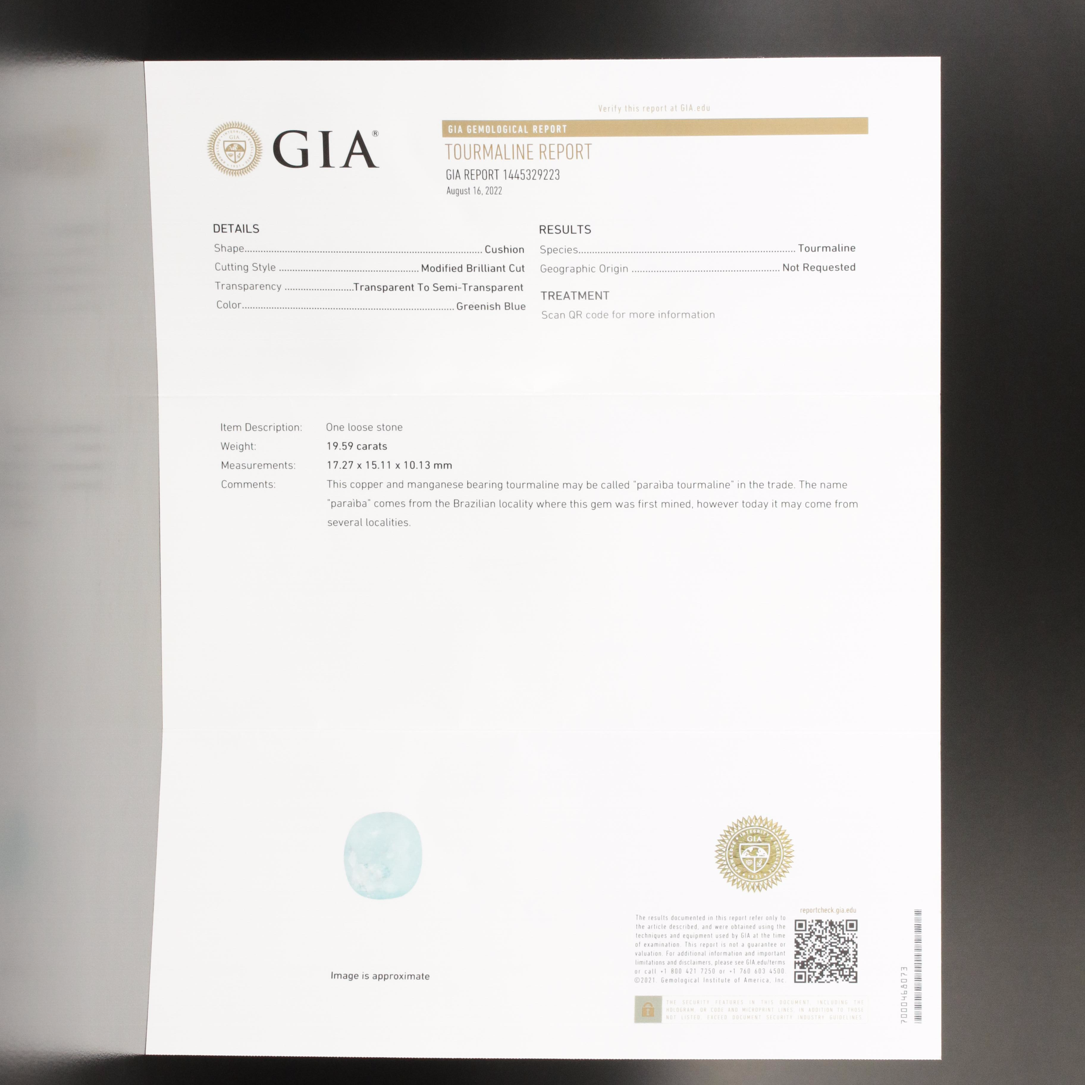 18K 19.59 CT Paraiba Tourmaline Ring including Diamonds and a GIA ...