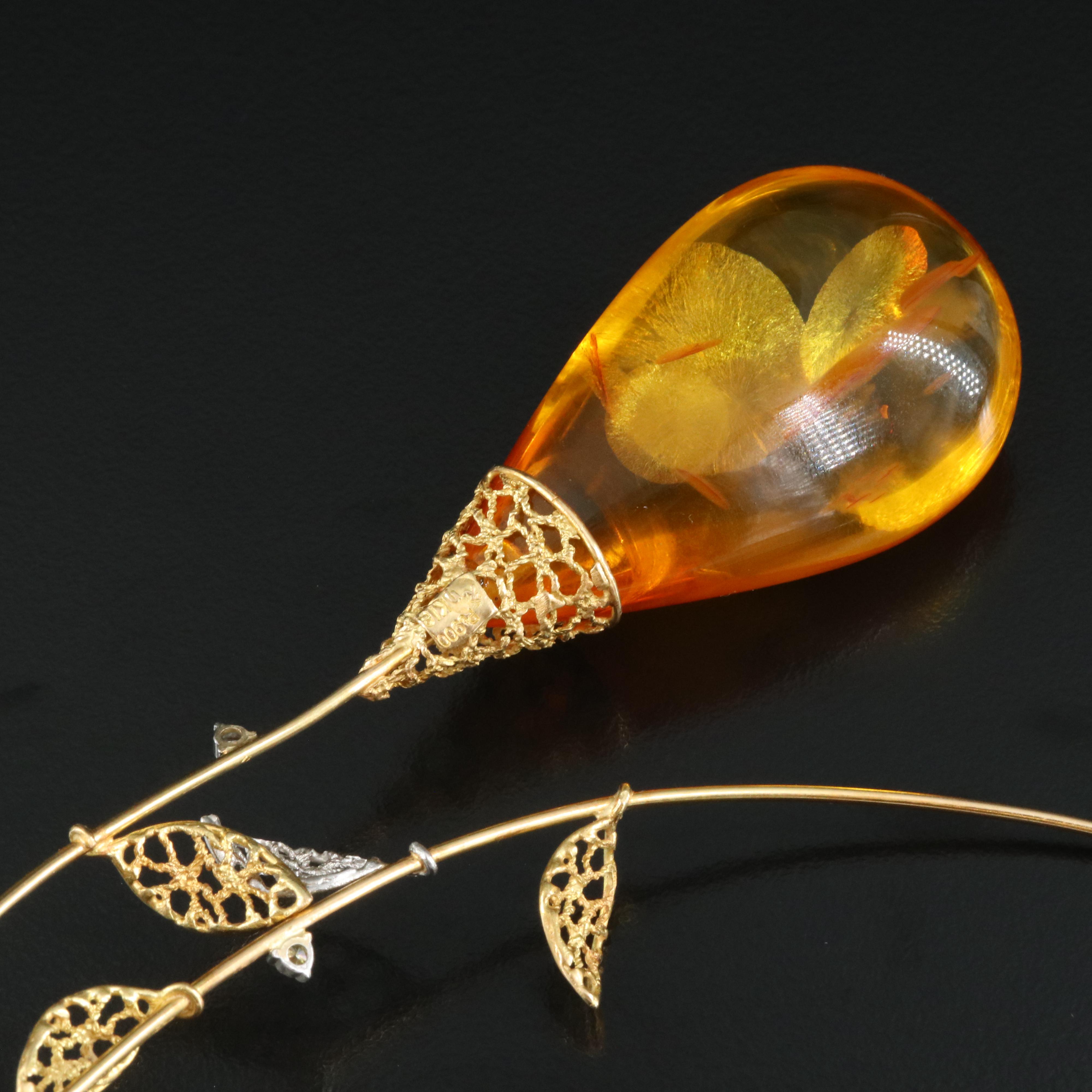 18K Amber and Diamond Floral Wire Necklace with Platinum Accent | EBTH