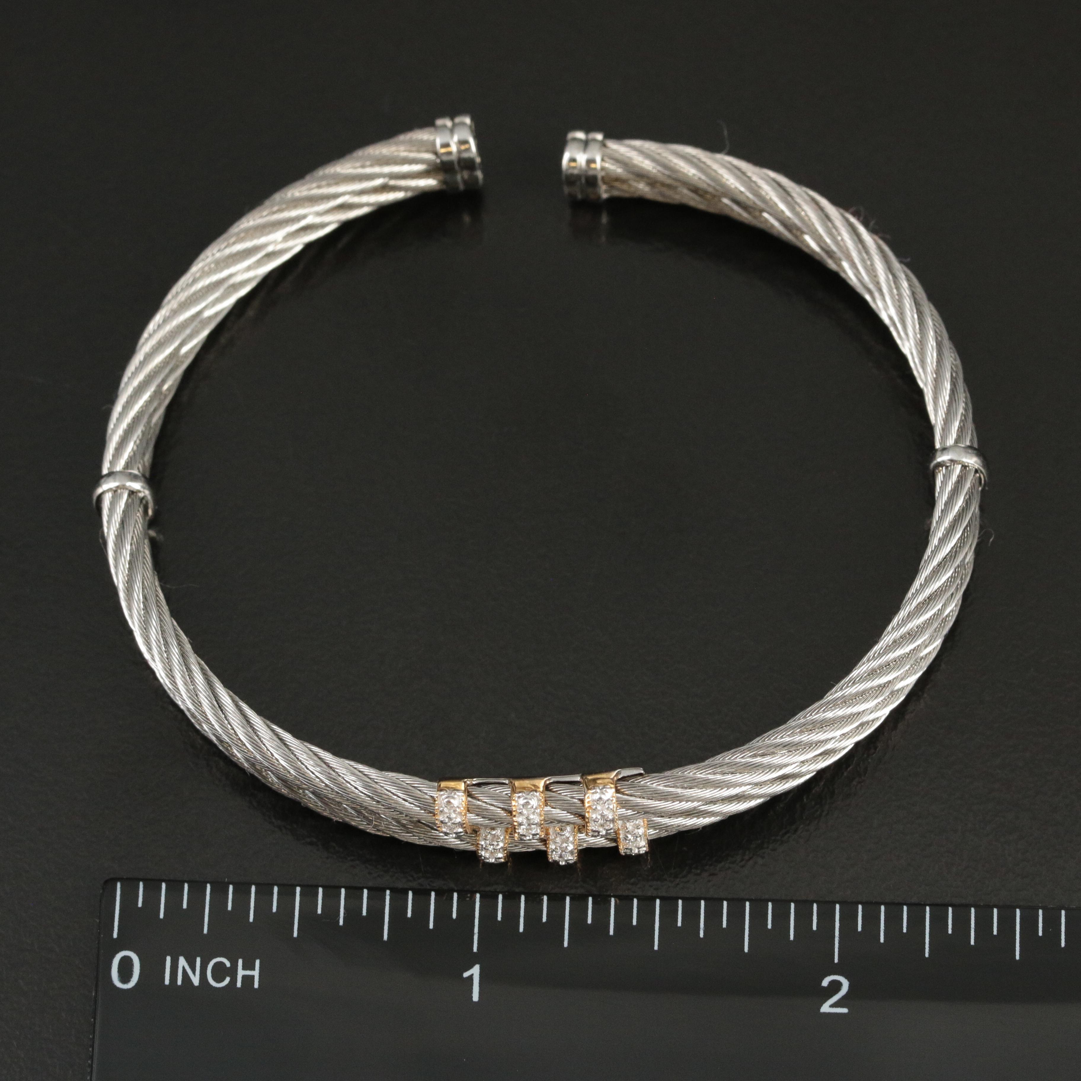 Alor "Six Station" 0.08 CTW Diamond Steel Cable Cuff with 18K Accents ...